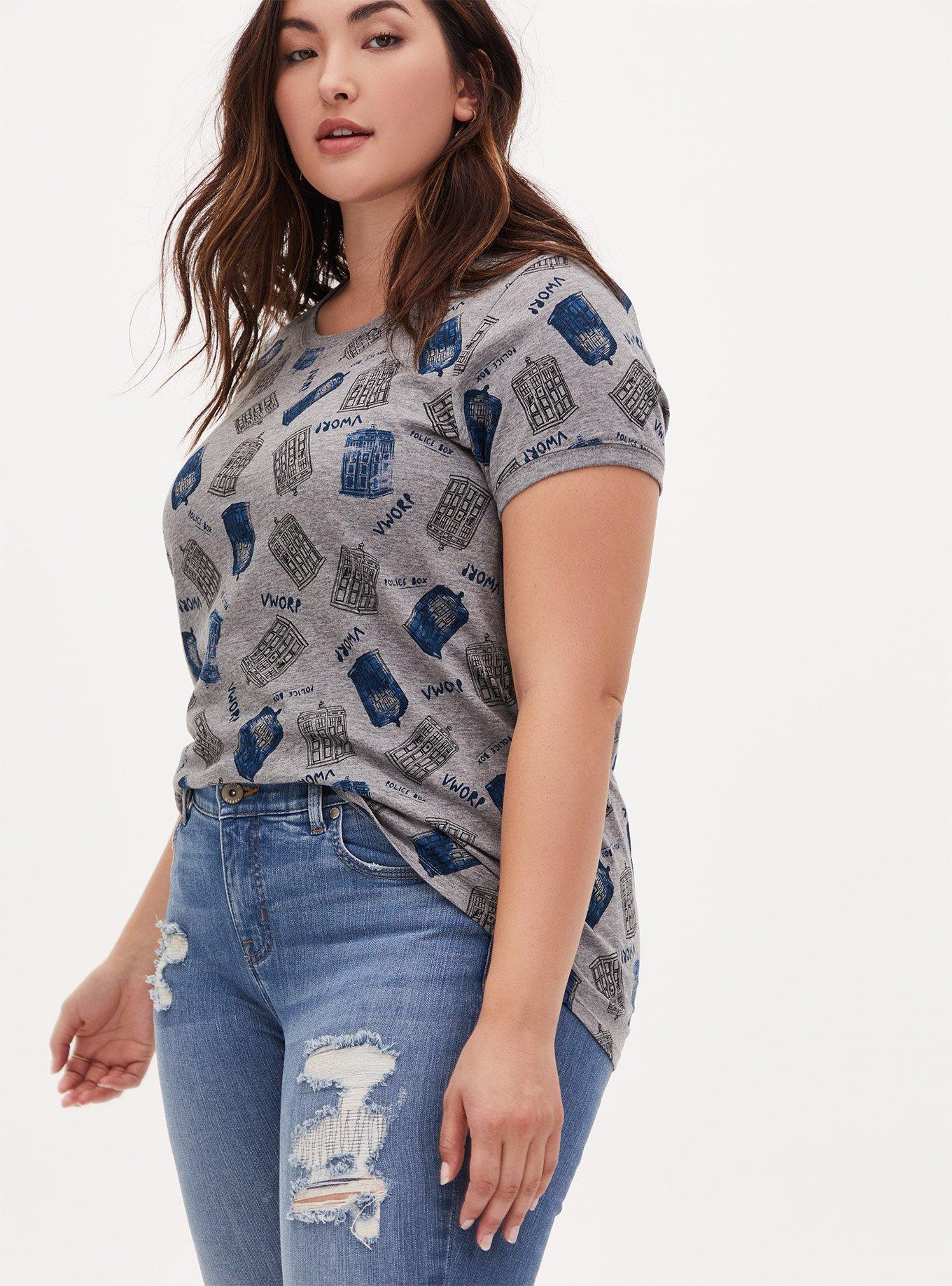 Plus Size - Her Universe Doctor Who Tardis Heather Grey Ringer Top - Torrid