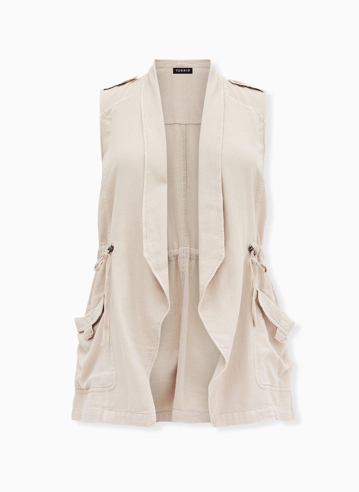 Plus Size - Light Taupe Textured Drawstring Drape Front Pocket Vest ...