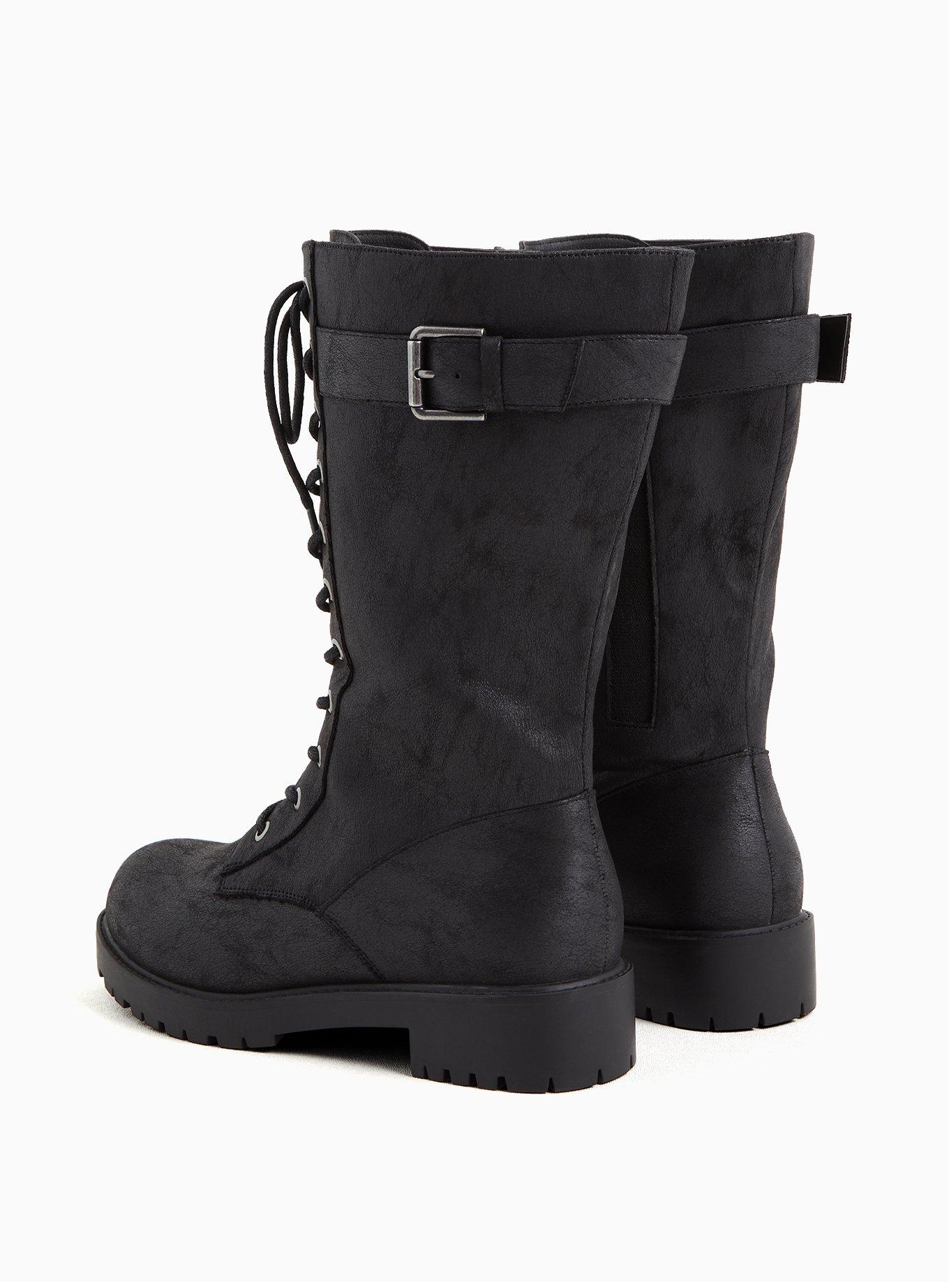 Plus Size - Black Oiled Faux Suede Lace-Up Combat Bootie (WW) - Torrid