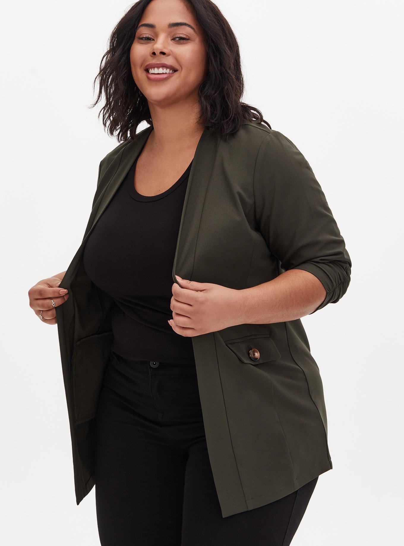 Plus Size - Forest Green Crepe Open Front Jacket - Torrid