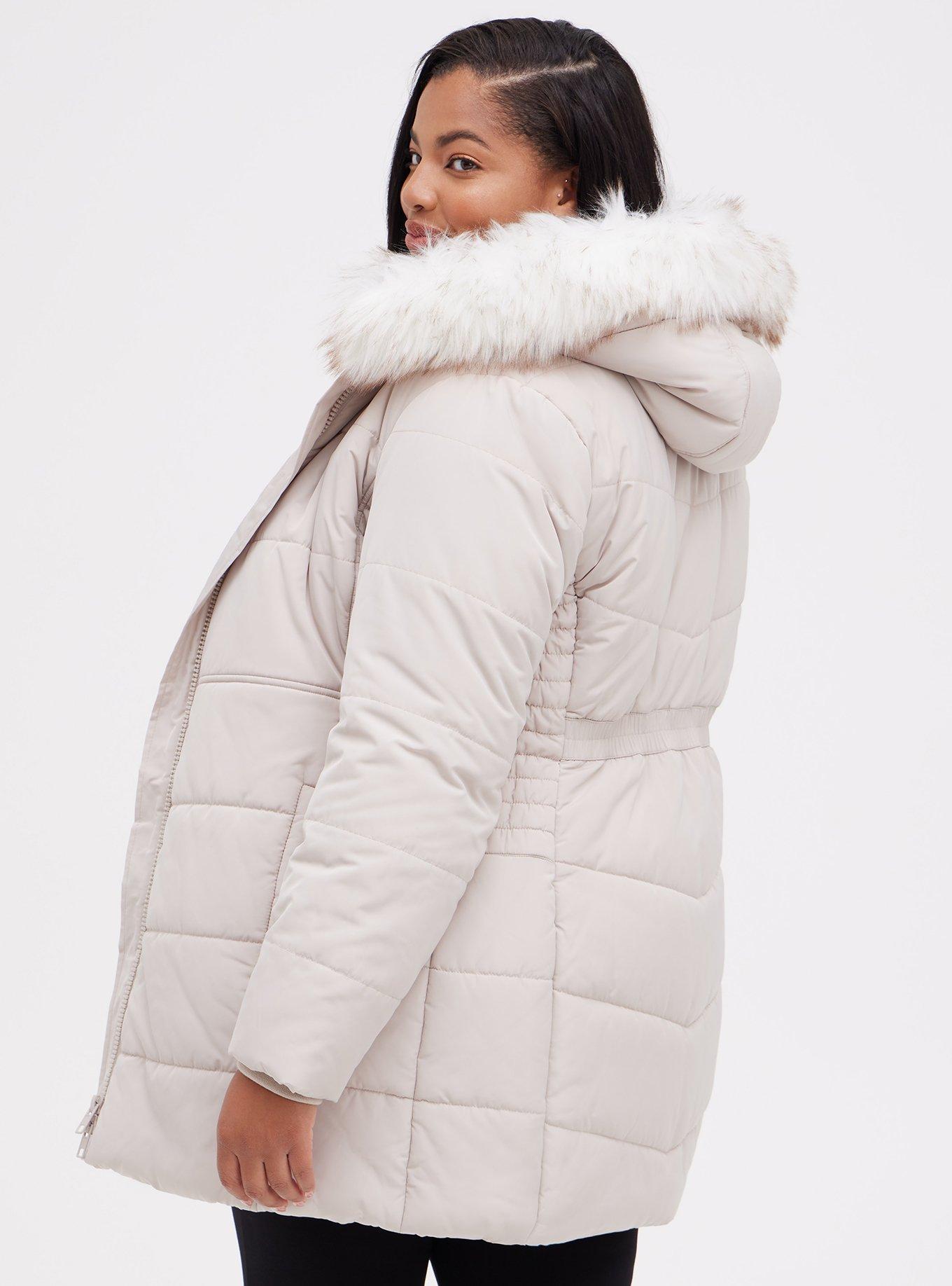 Plus Size - Nylon Fur Trim Fit And Flare Puffer - Torrid