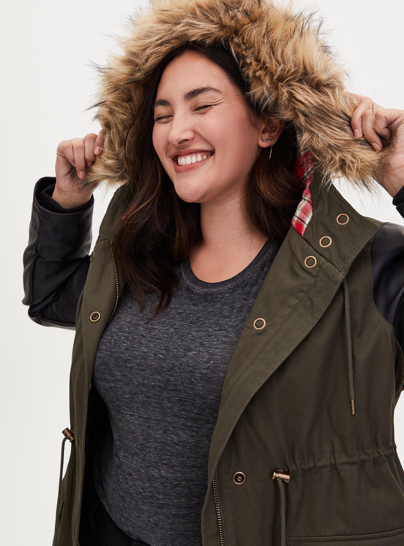 Plus Size - Olive Green Twill & Faux Leather Hooded Parka - Torrid
