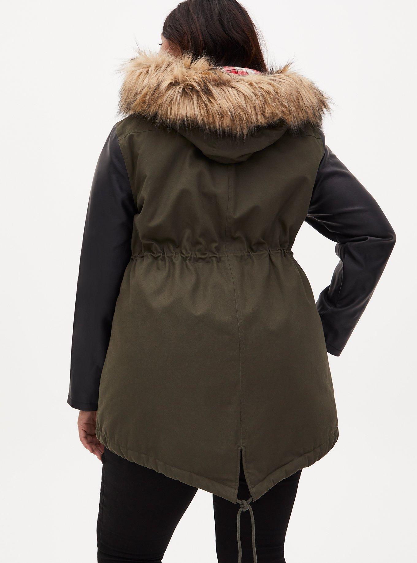 Plus Size - Olive Green Twill & Faux Leather Hooded Parka - Torrid