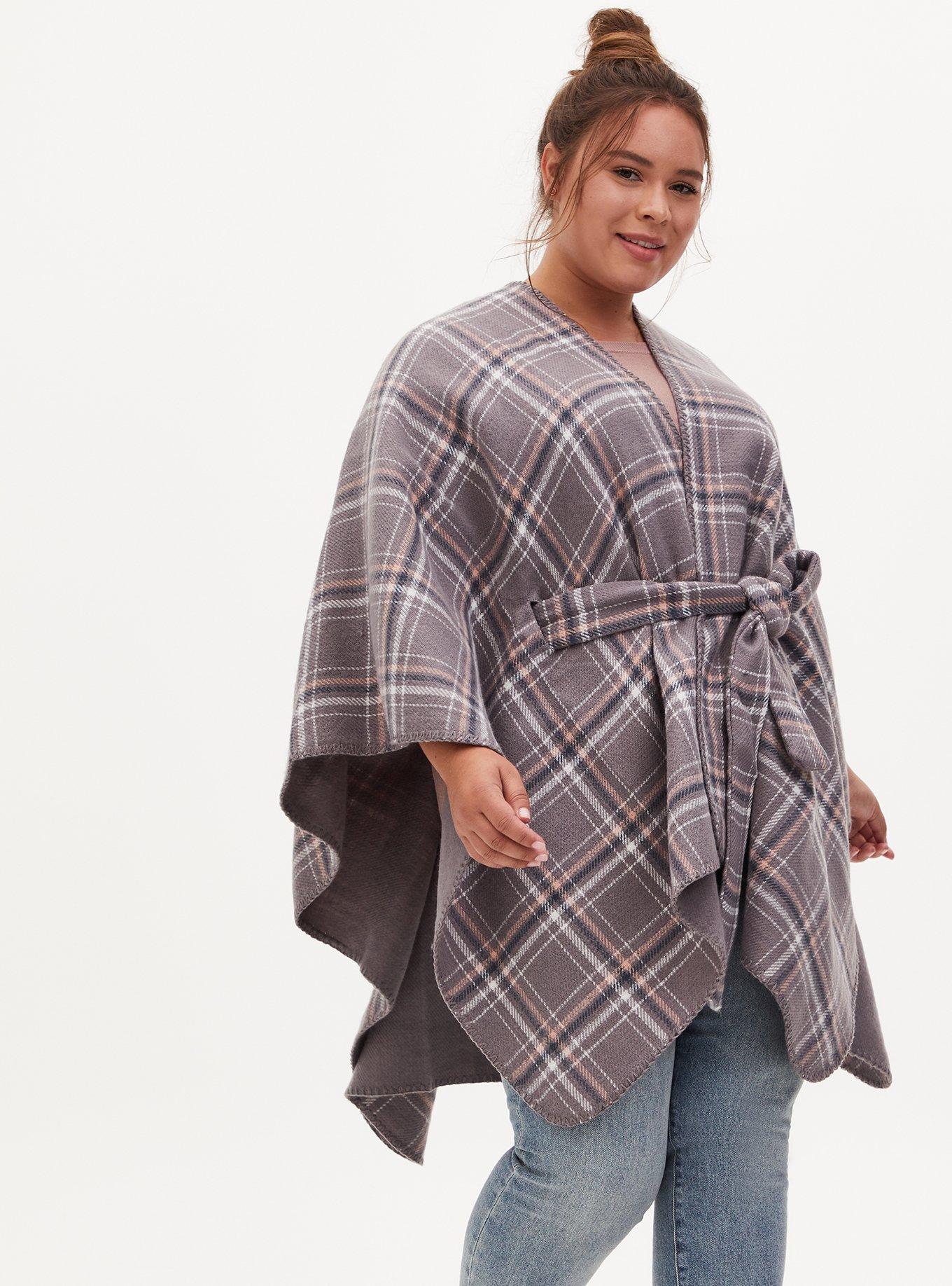 Plus Size - Grey Plaid Belted Ruana - Torrid