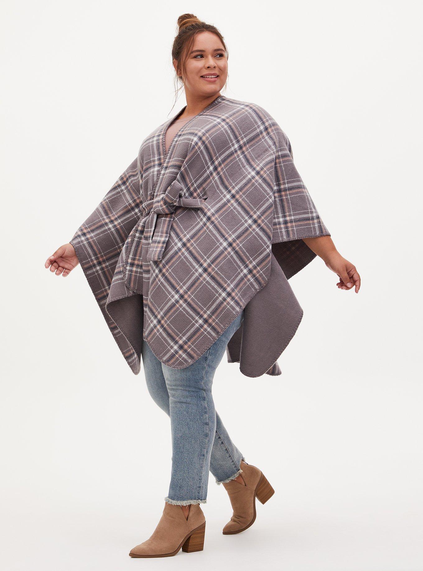 Plus Size - Grey Plaid Belted Ruana - Torrid