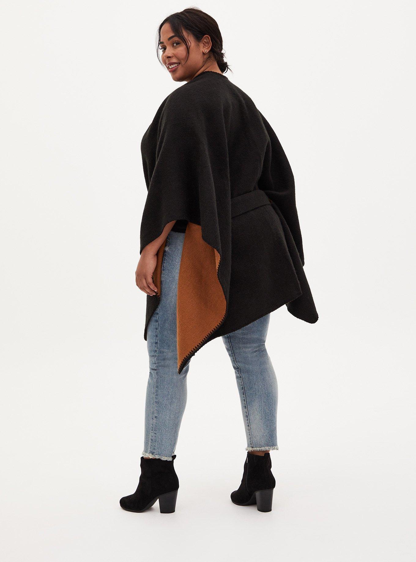 Plus Size - Black & Cognac Reversible Belted Ruana - Torrid