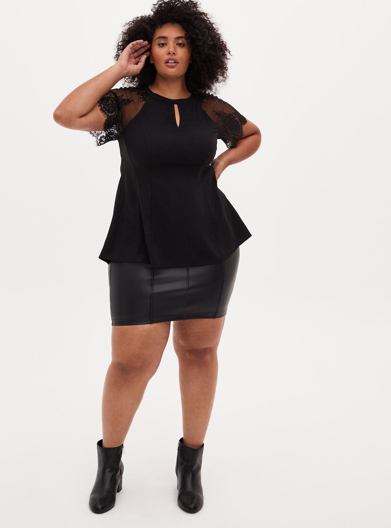 Plus Size - Black Crepe Lace Sleeve Fit and Flare Top - Torrid