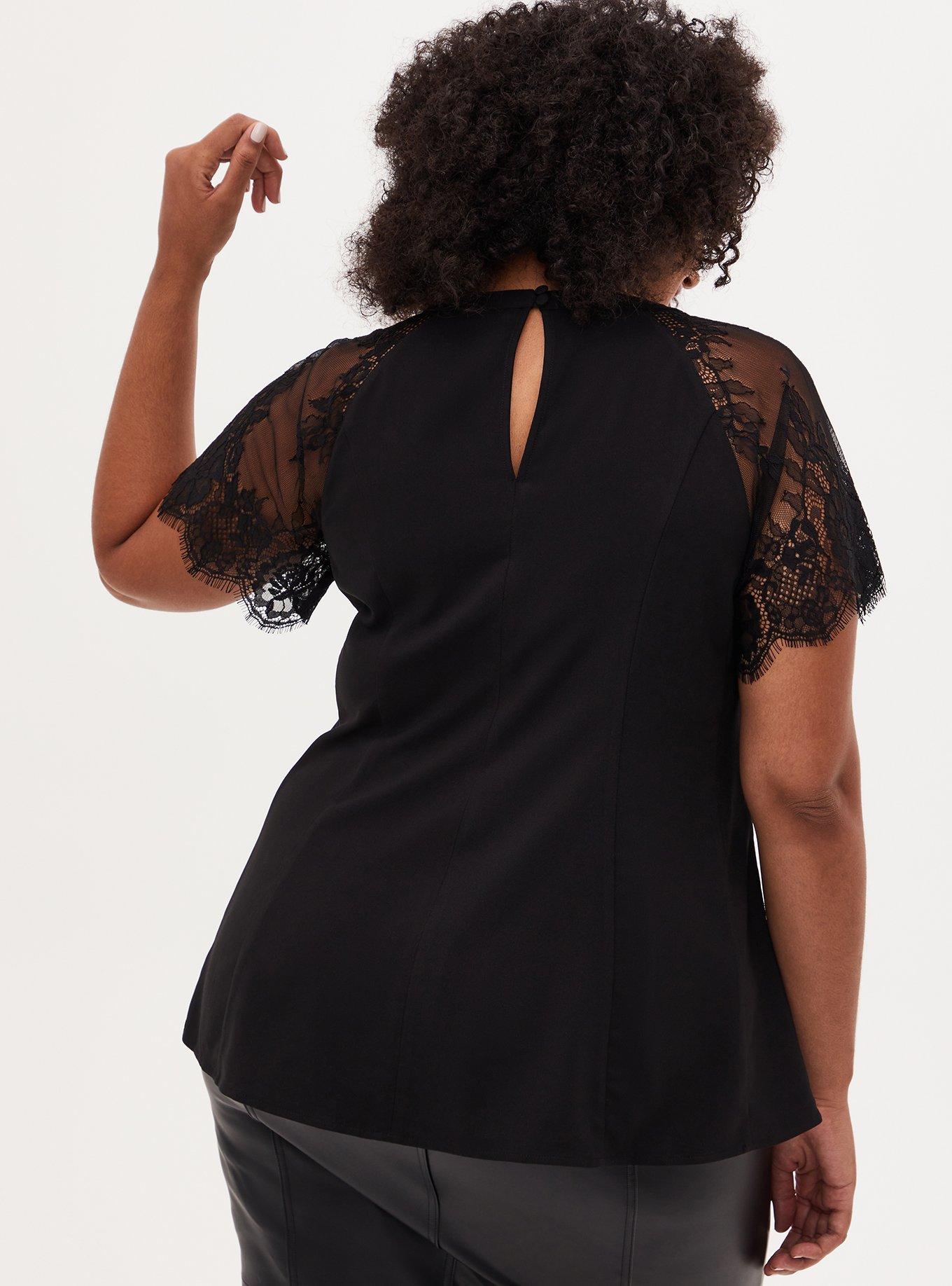 Plus Size - Black Crepe Lace Sleeve Fit and Flare Top - Torrid