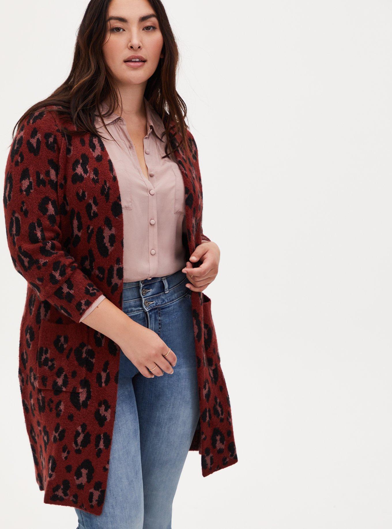 Plus Size - Red Leopard Brushed Sweater Coat - Torrid