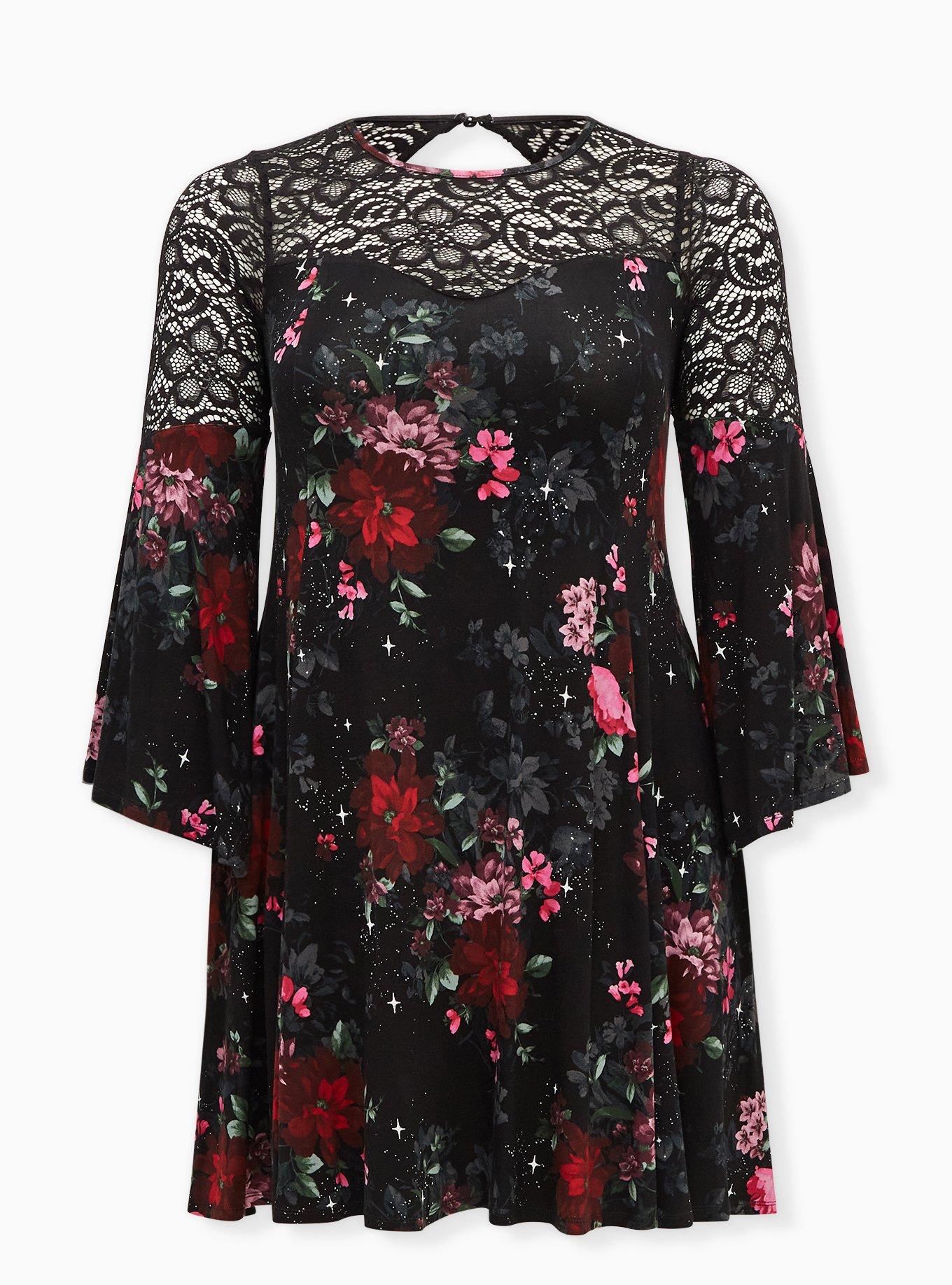 Plus Size - Super Soft Black Floral Lace Bell Sleeve Dress Plus Size - Super Soft Black Floral Lace Bell Sleeve Dress