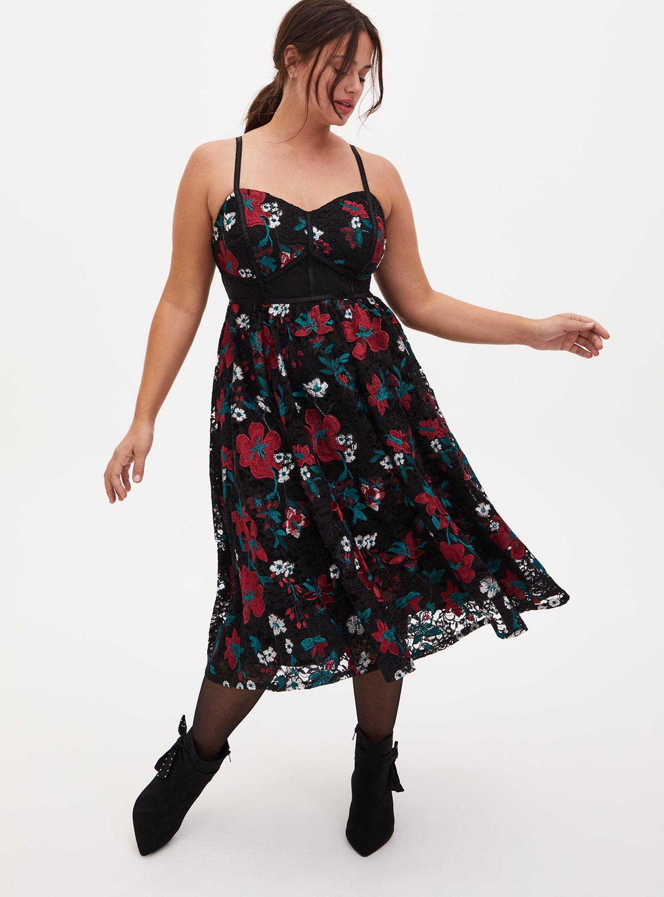 Plus Size - Special Occasion Black Embroidered Floral Midi Dress - Torrid