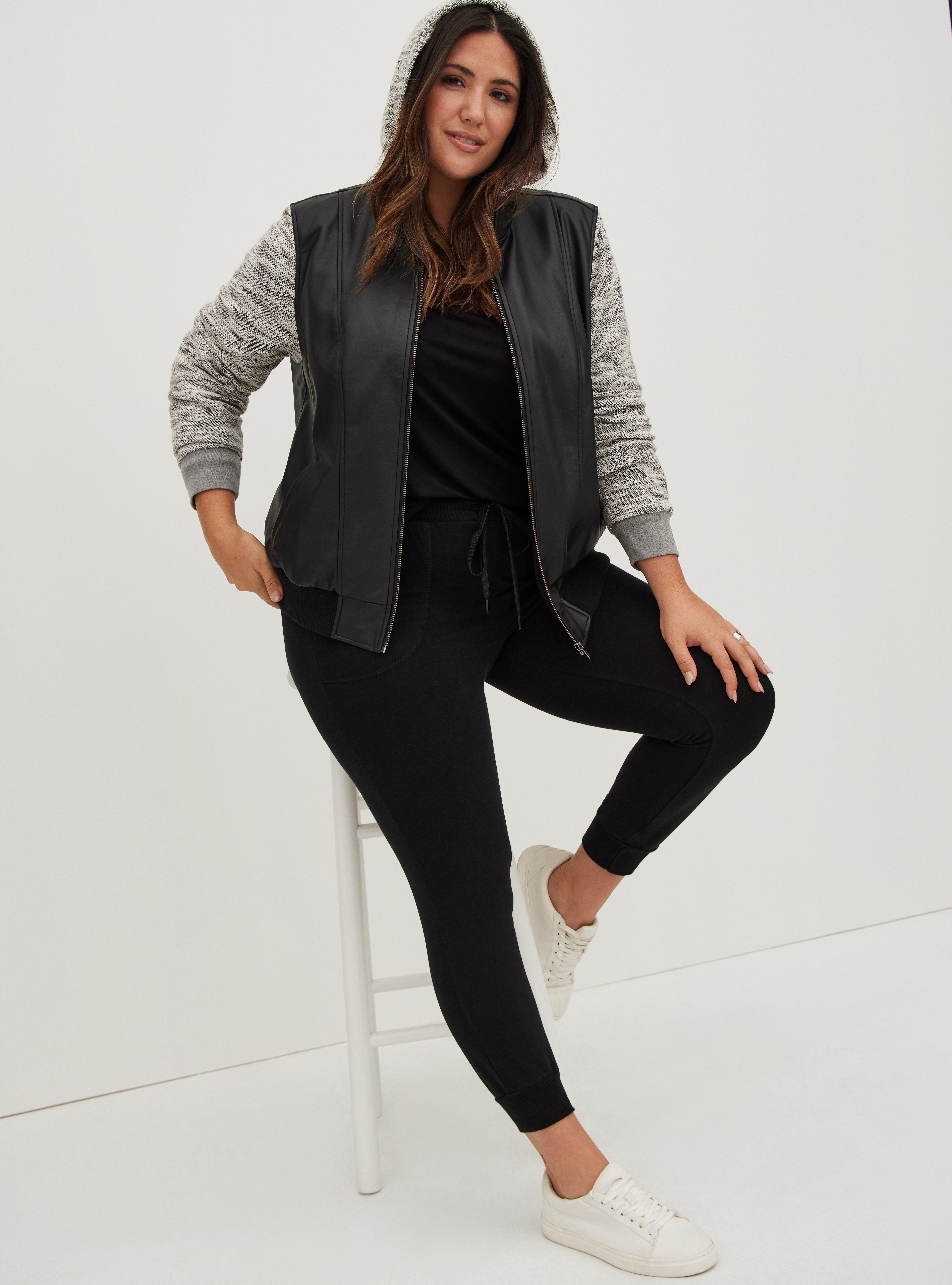 Plus Size - Black Faux Leather & Marled Grey Terry Bomber Jacket - Torrid