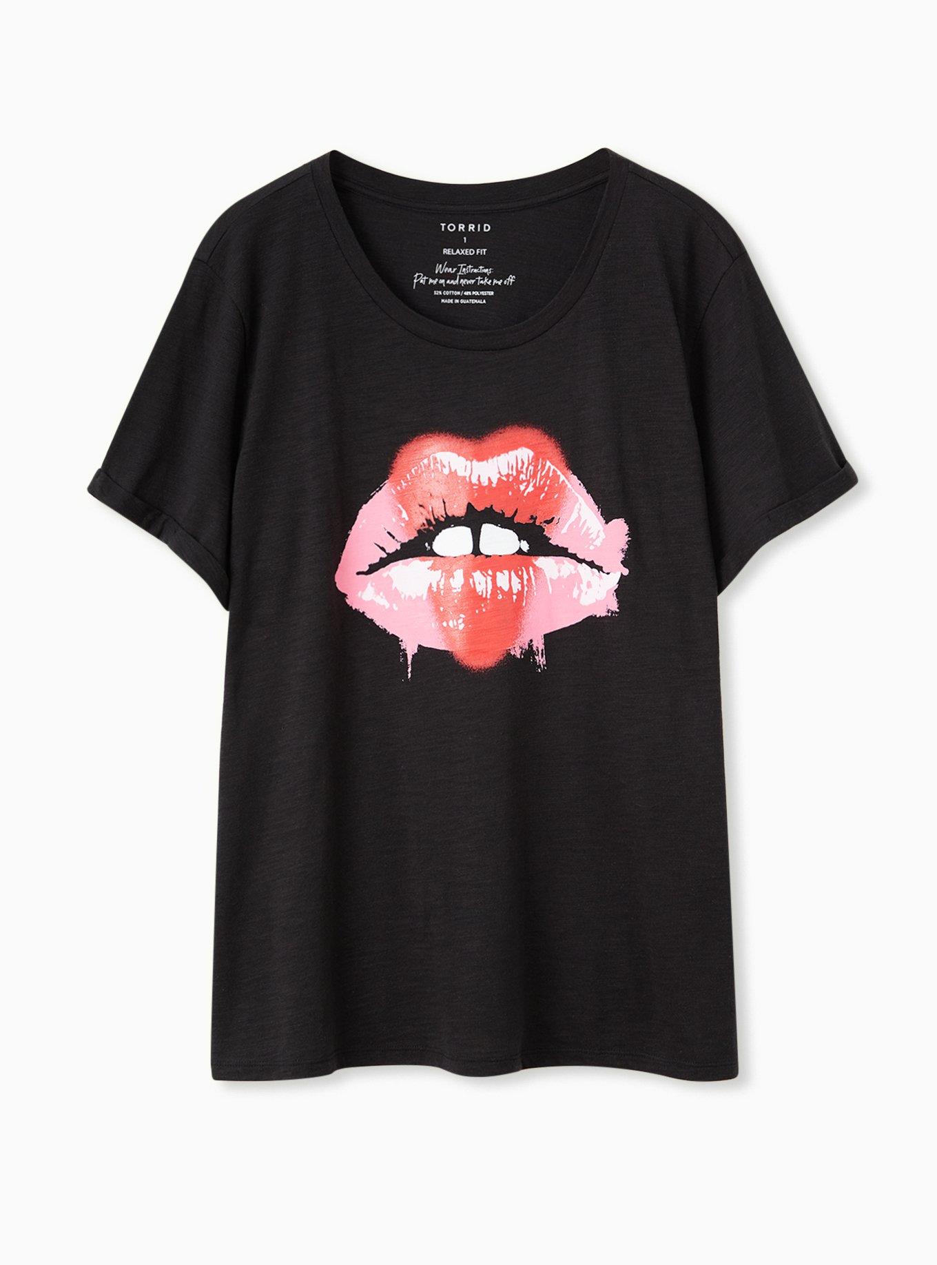 Plus Size - Heart Painted Lips Relaxed Fit Crew Tee - Slub Black - Torrid