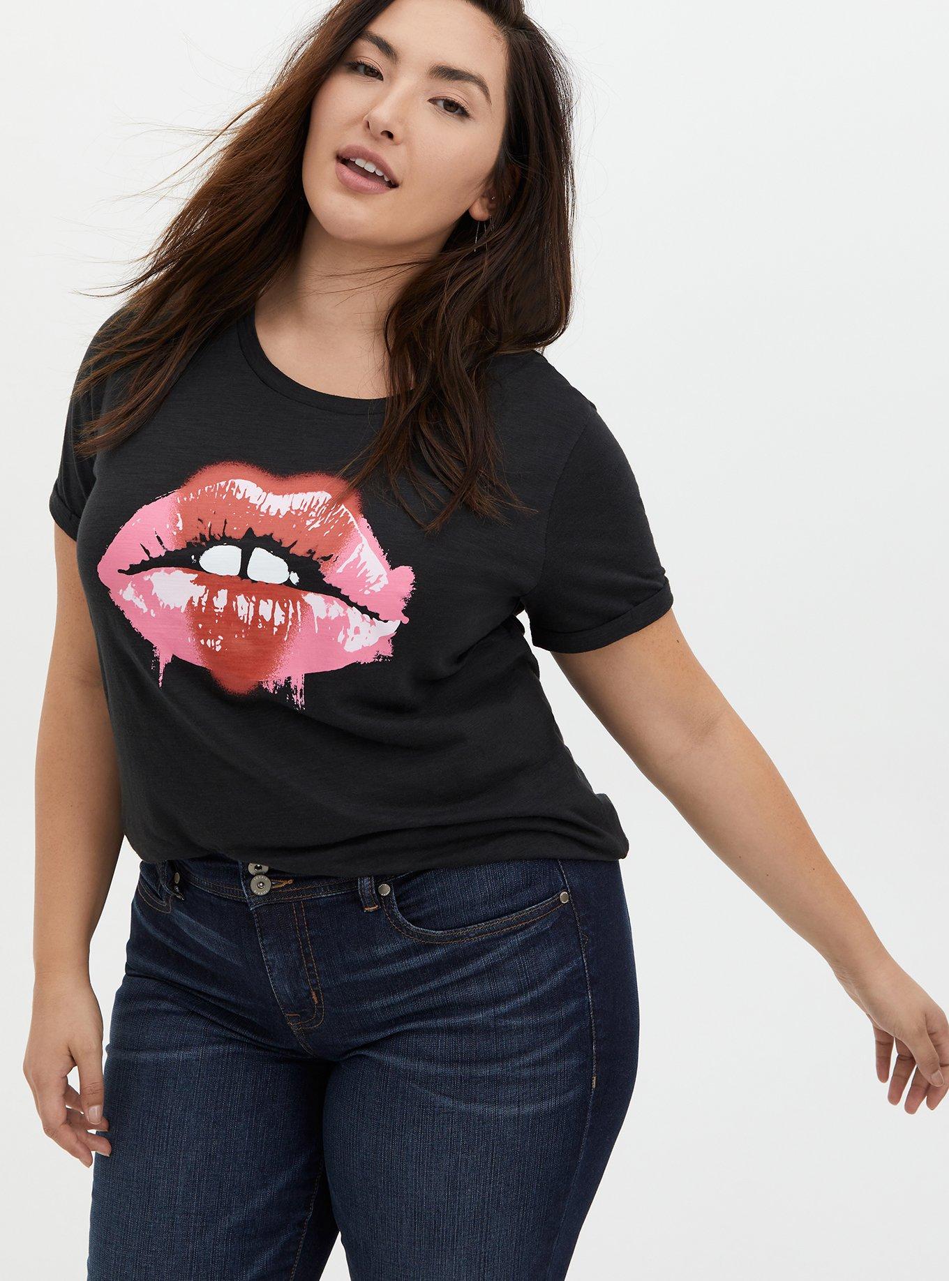 Plus Size - Heart Painted Lips Relaxed Fit Crew Tee - Slub Black - Torrid