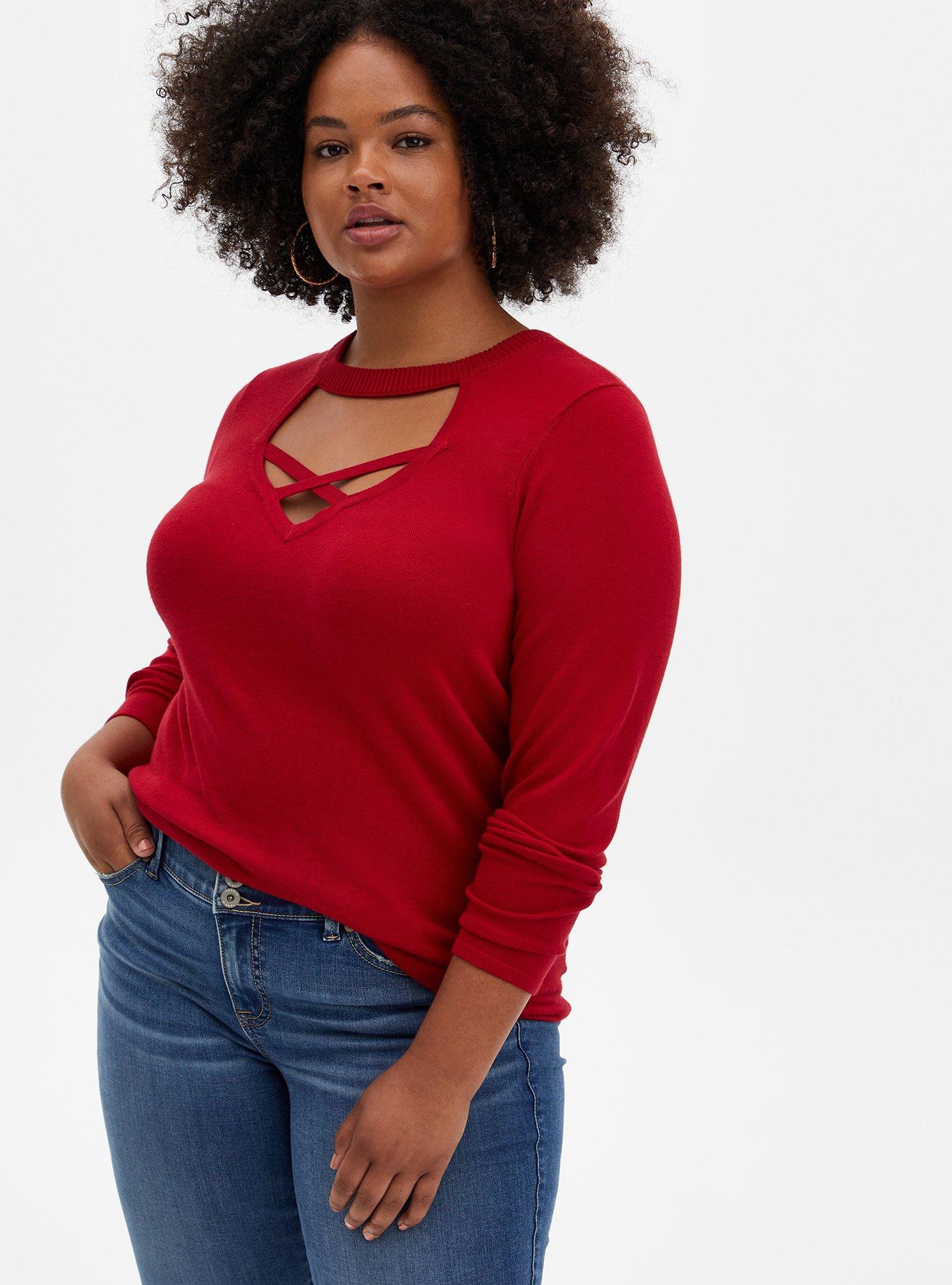 Plus Size - Red Strappy Cage Pullover Sweater - Torrid