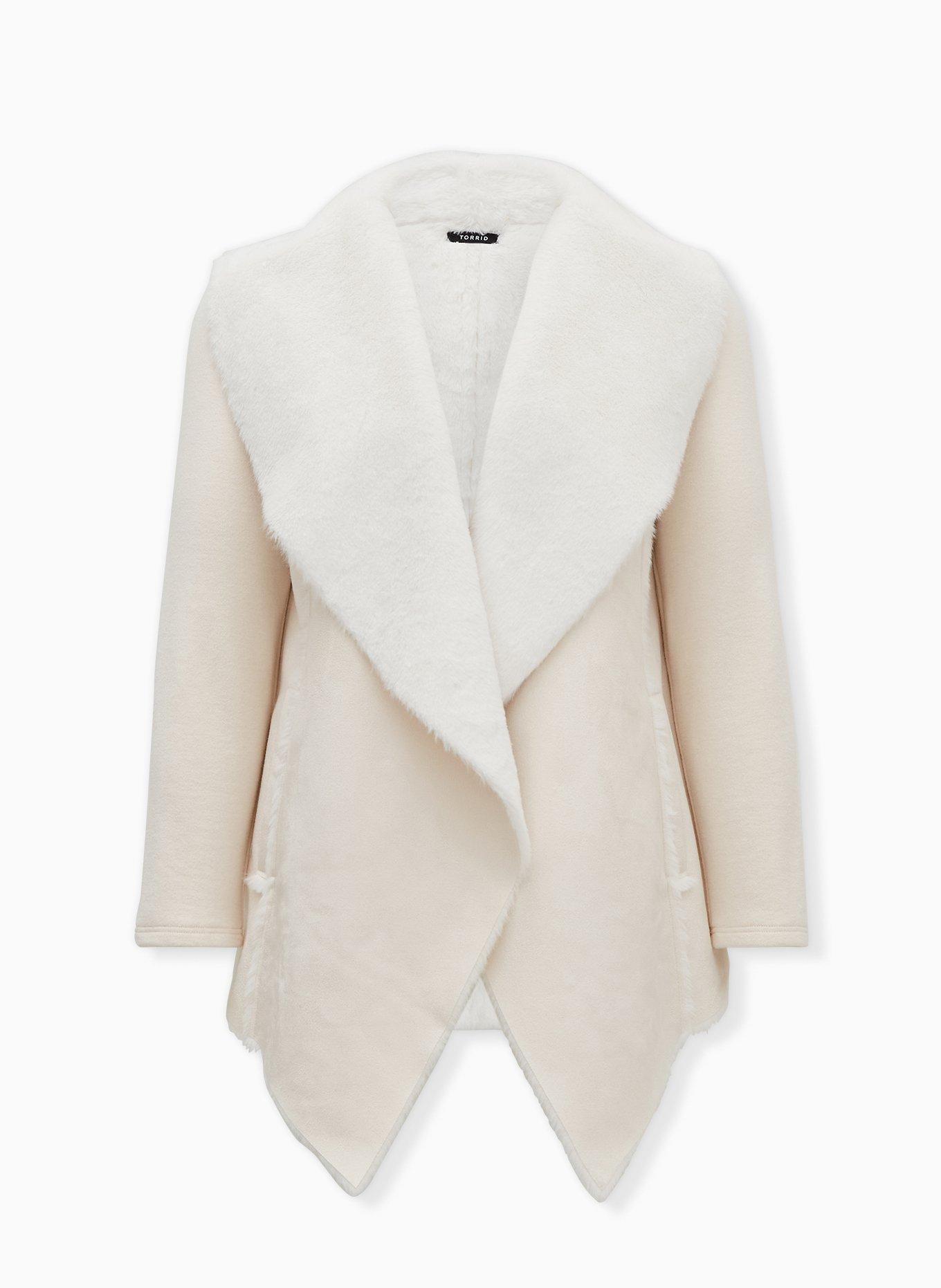 Plus Size - White Faux Suede & Faux Fur Drape Front Jacket - Torrid