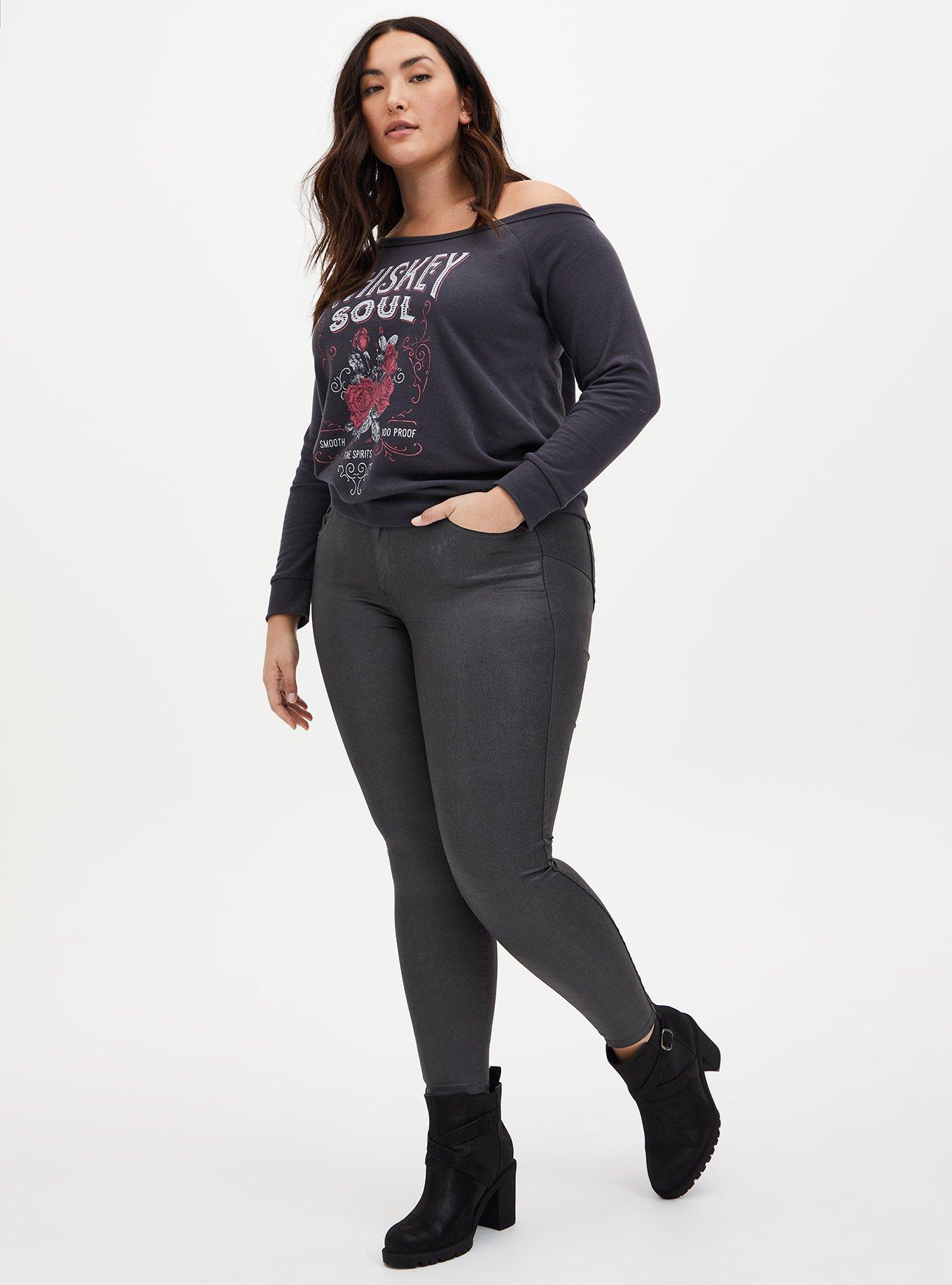 Plus Size - Whiskey Soul Black Burnout Fleece Off Shoulder Sweatshirt ...