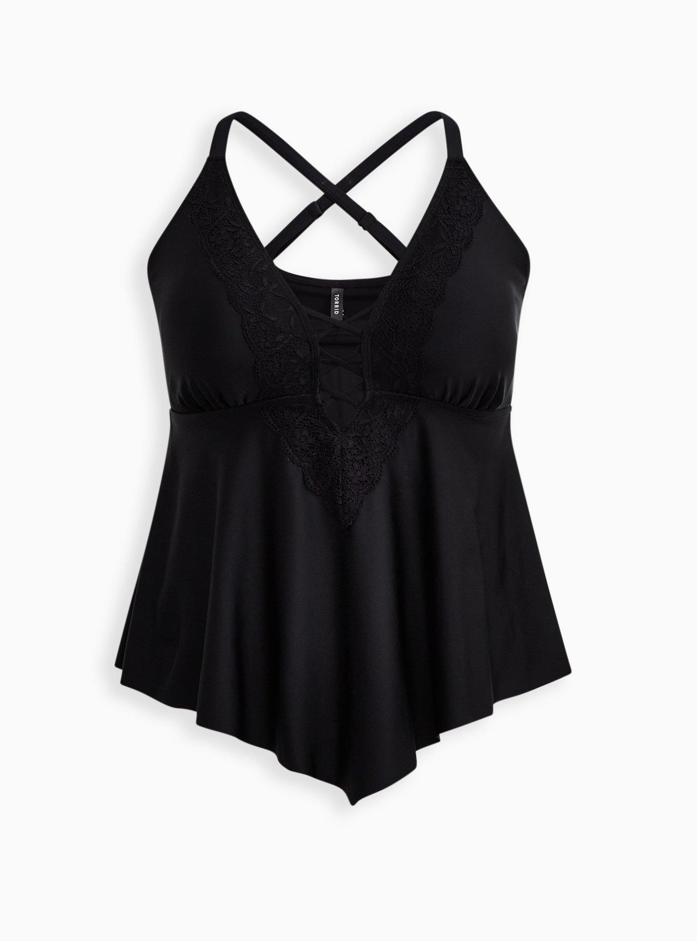 Plus Size - Black Crochet Lattice Wireless Tankini Top - Torrid