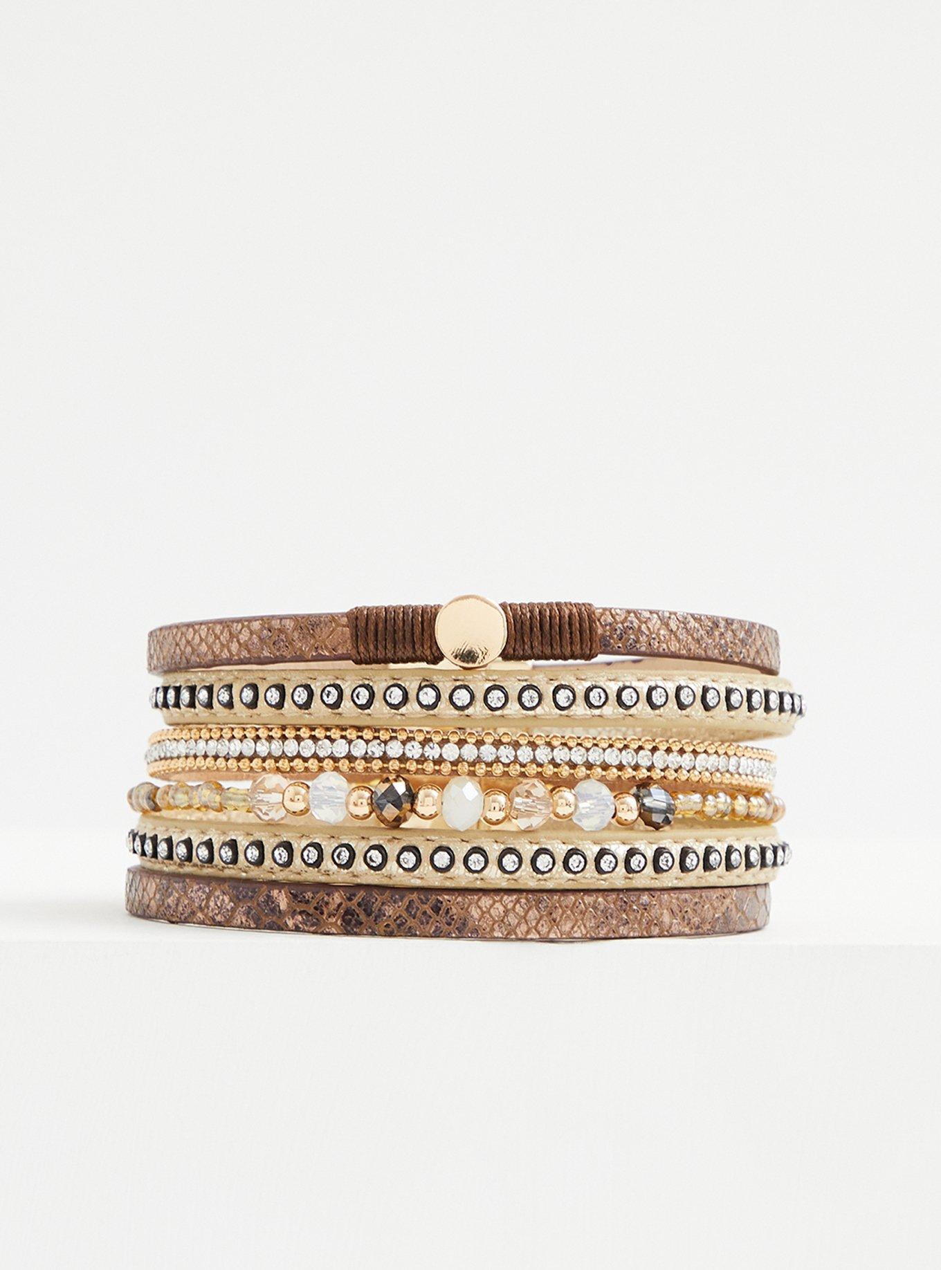 Plus Size - Brown Snakeskin Print & Gold-Tone Beaded Magnetic Bracelet ...
