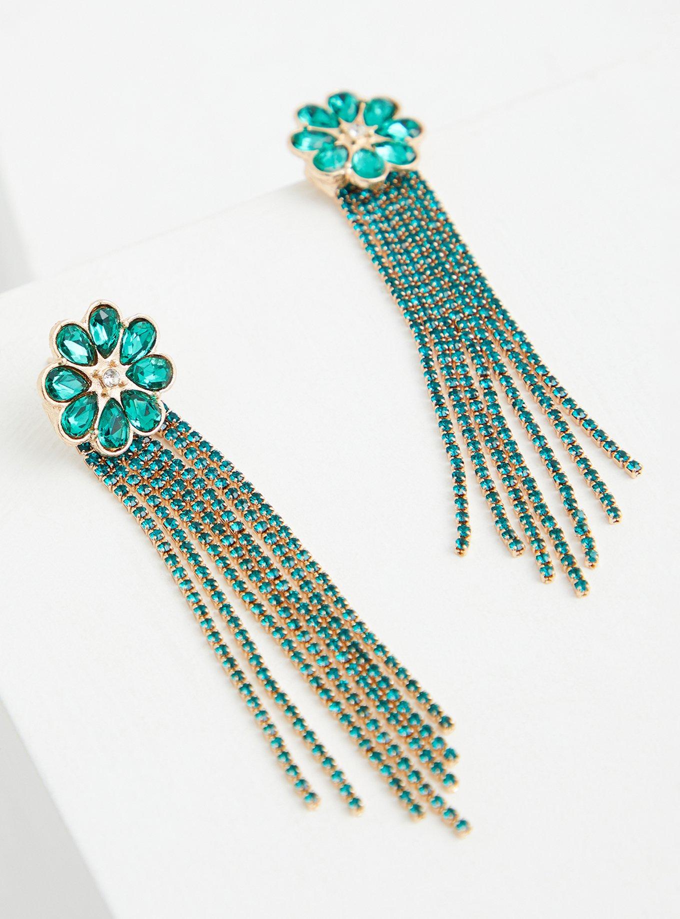 Plus Size - Green Rhinestone Waterfall Statement Earrings - Torrid