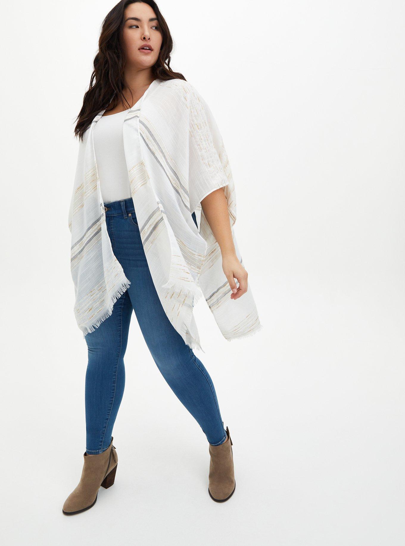 Plus Size - Ivory Stripe Lurex Ruana - Torrid