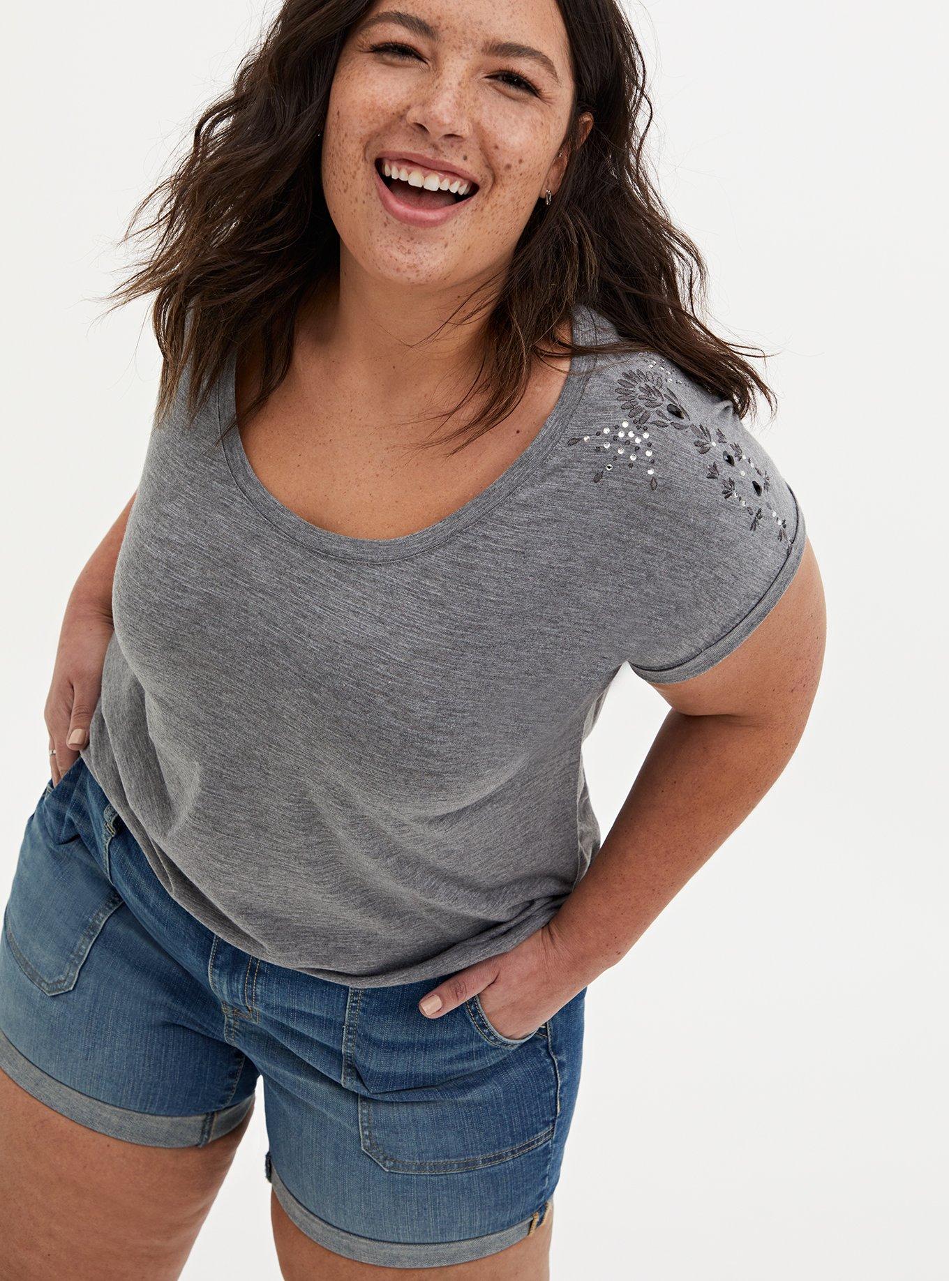 Plus Size - Heather Grey Slub Rhinestone Dolman Tee - Torrid
