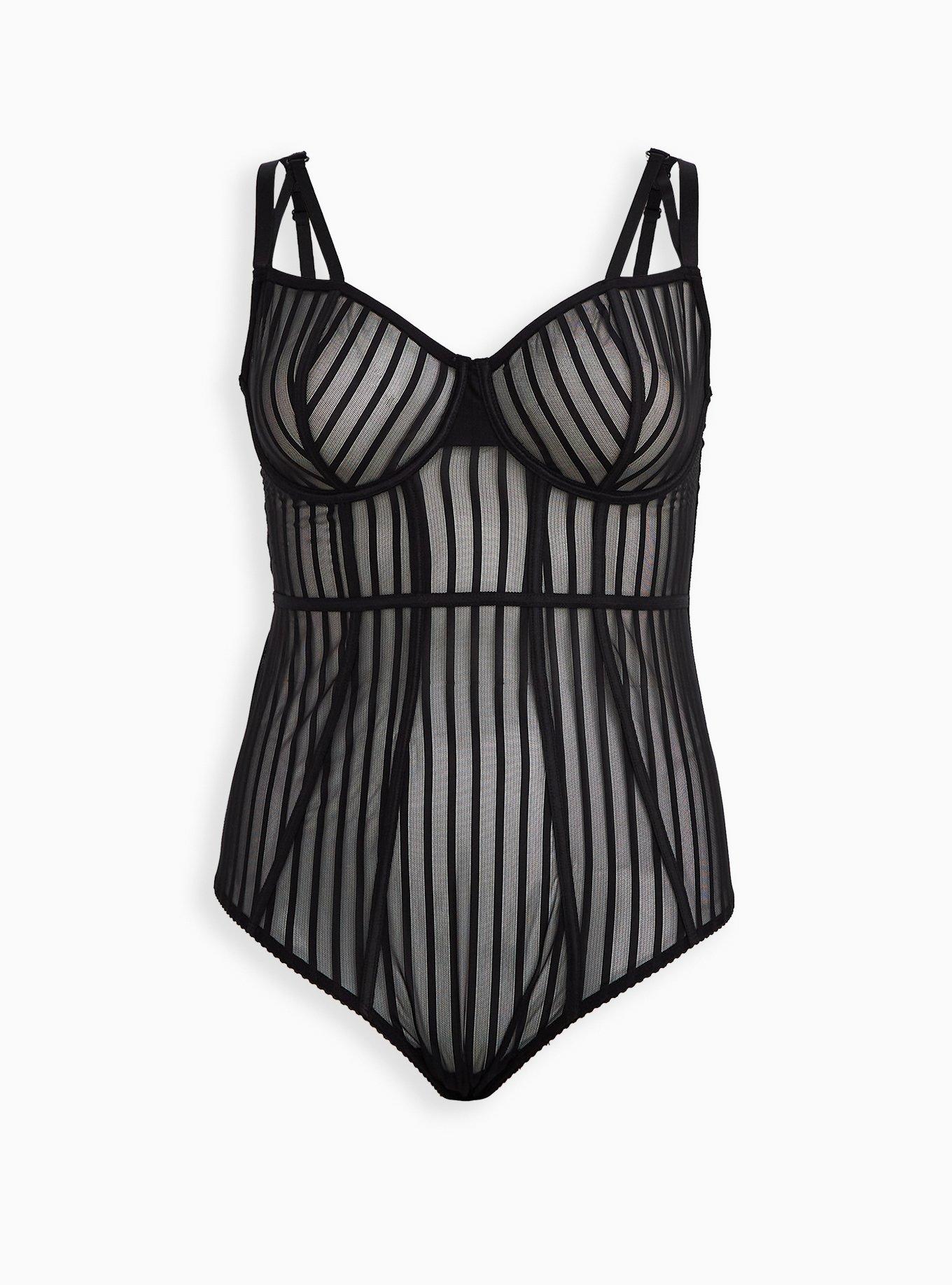 Plus Size - Black Striped Mesh Underwire Bodysuit - Torrid