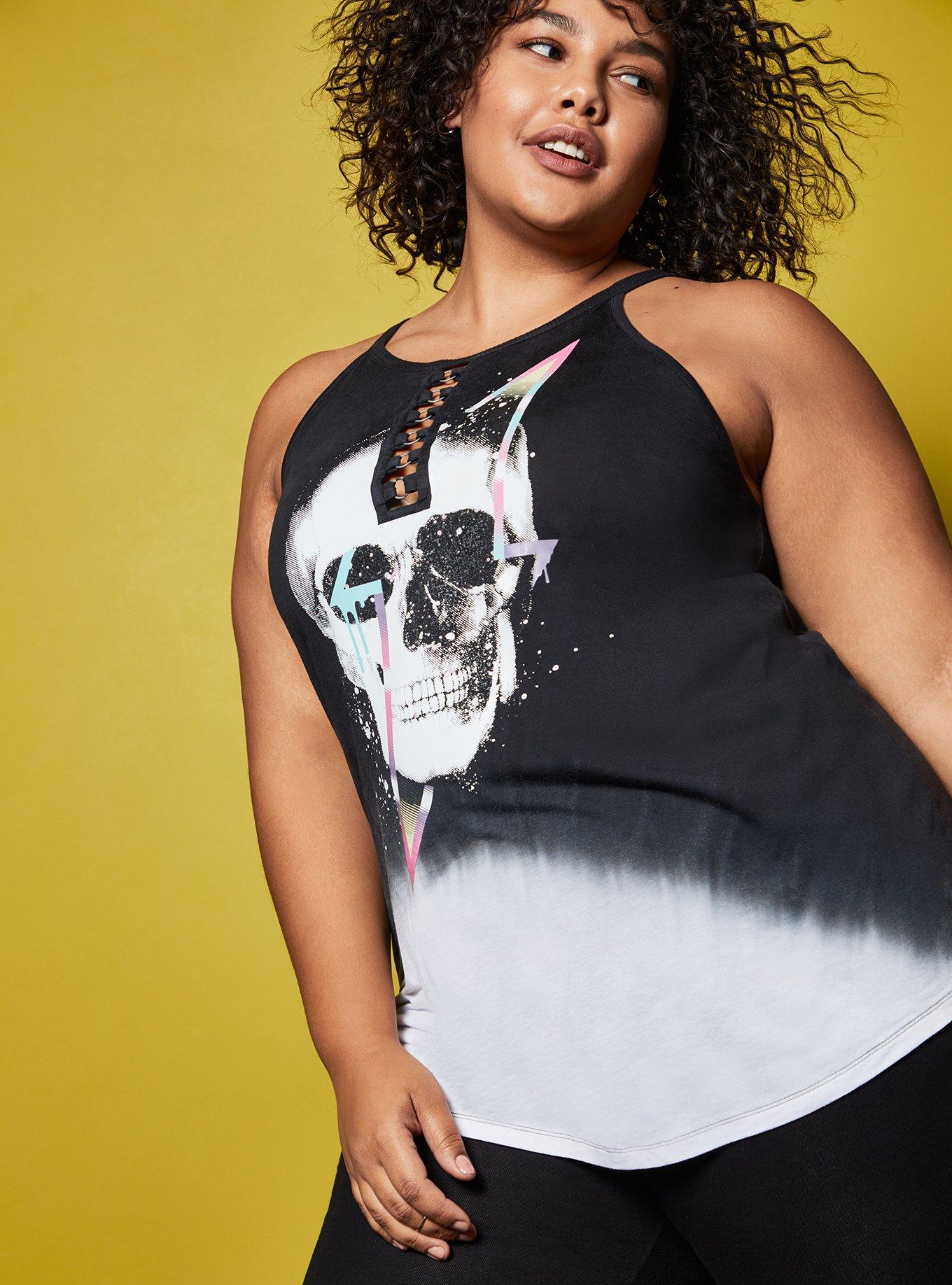 Plus Size - LoveSick Black & Ivory Tie-Dye Skull High Neck Tank - Torrid