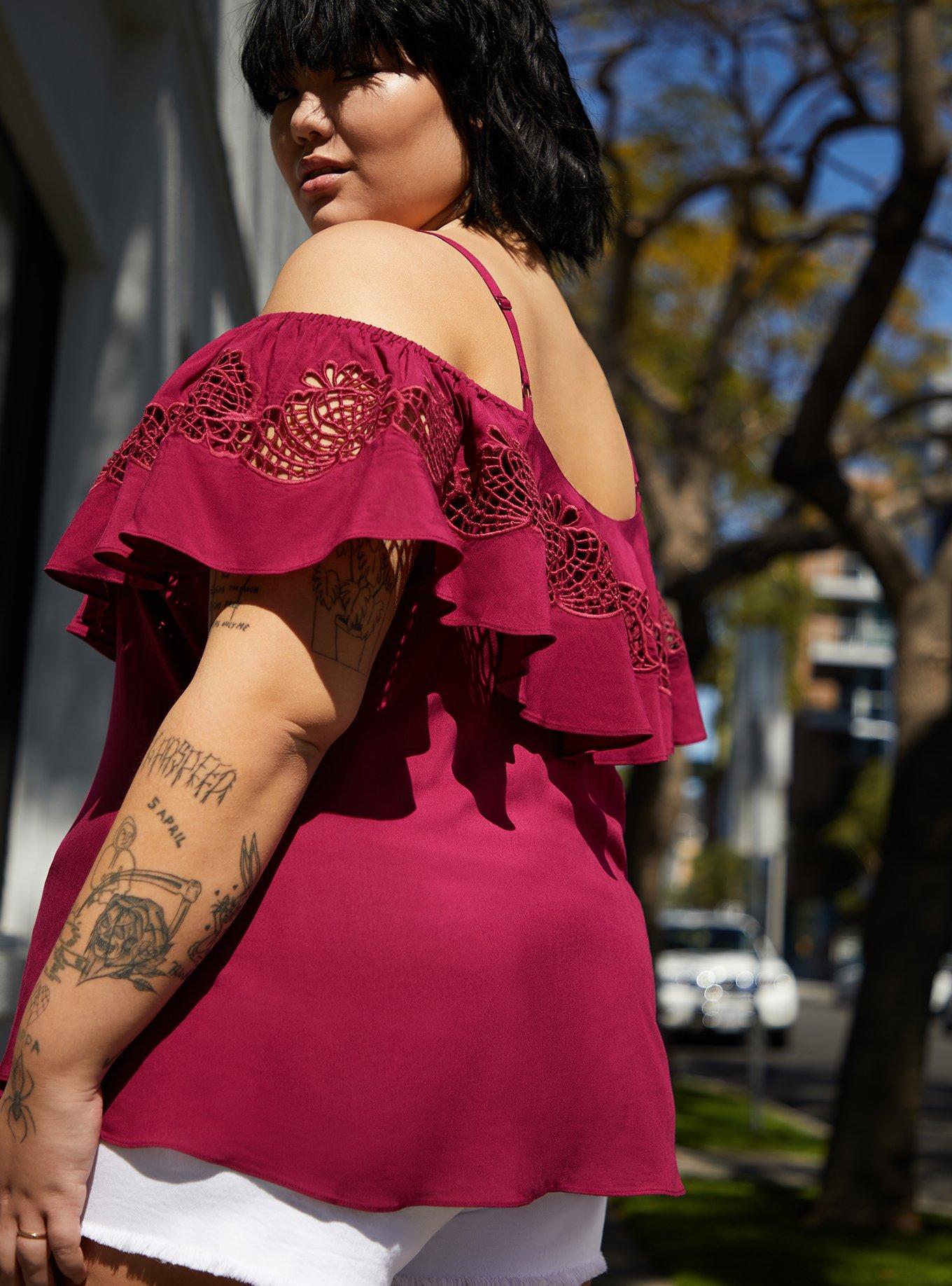 Plus Size - Red Challis Embroidered Cold Shoulder Top - Torrid