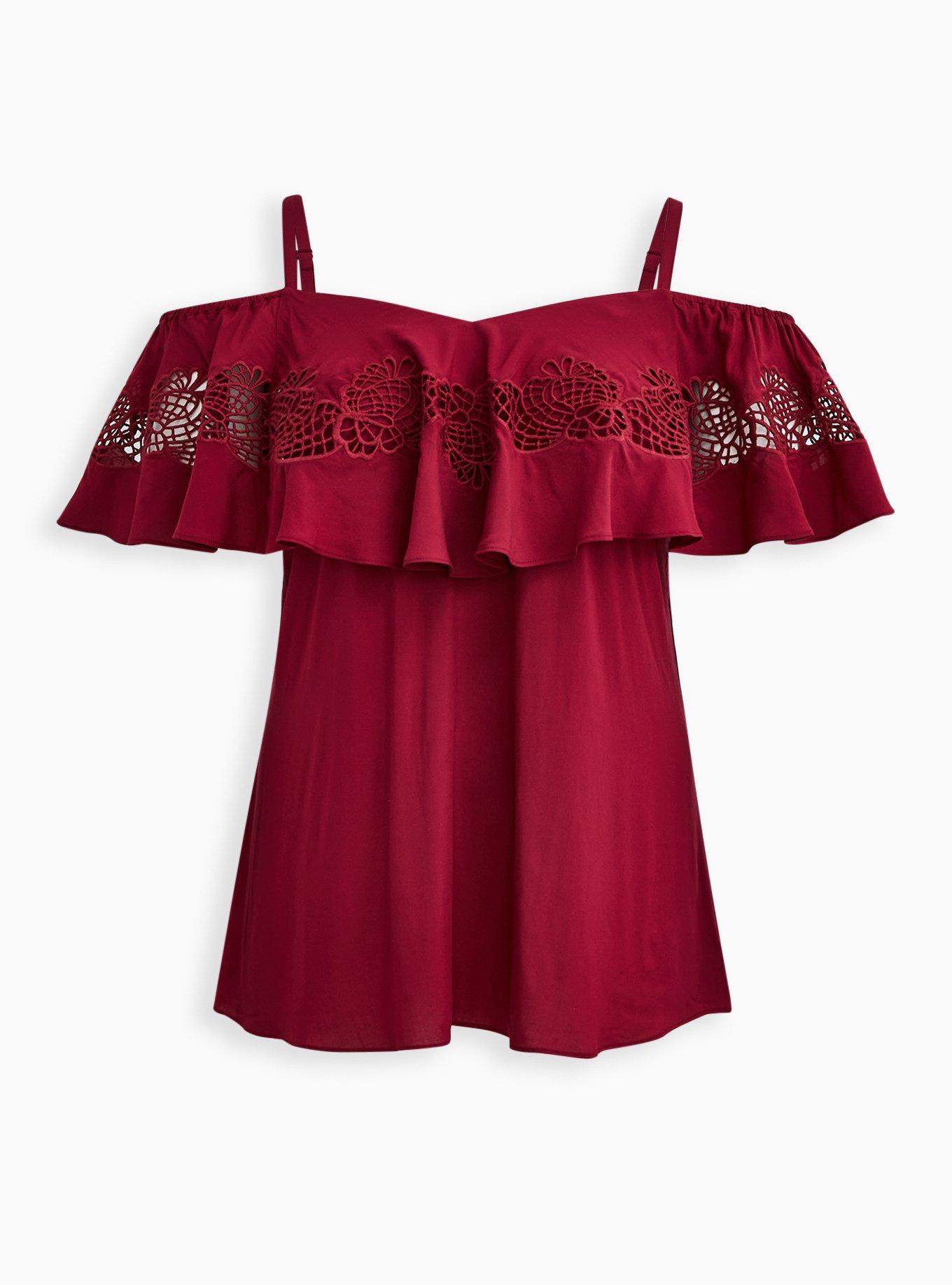 Plus Size - Red Challis Embroidered Cold Shoulder Top - Torrid