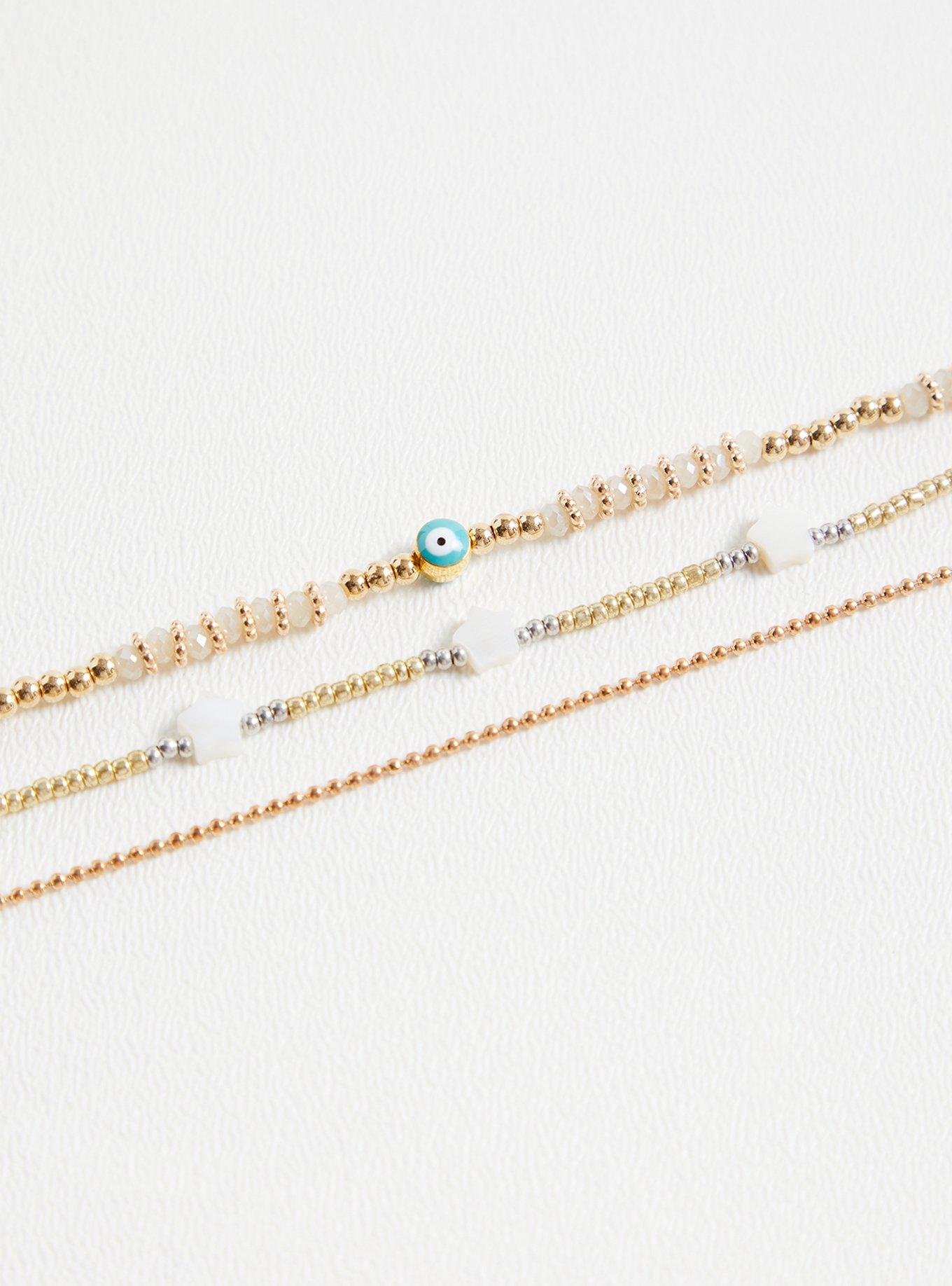 Plus Size - Gold-Tone Beaded Evil Eye Anklet Set - Set of 3 - Torrid