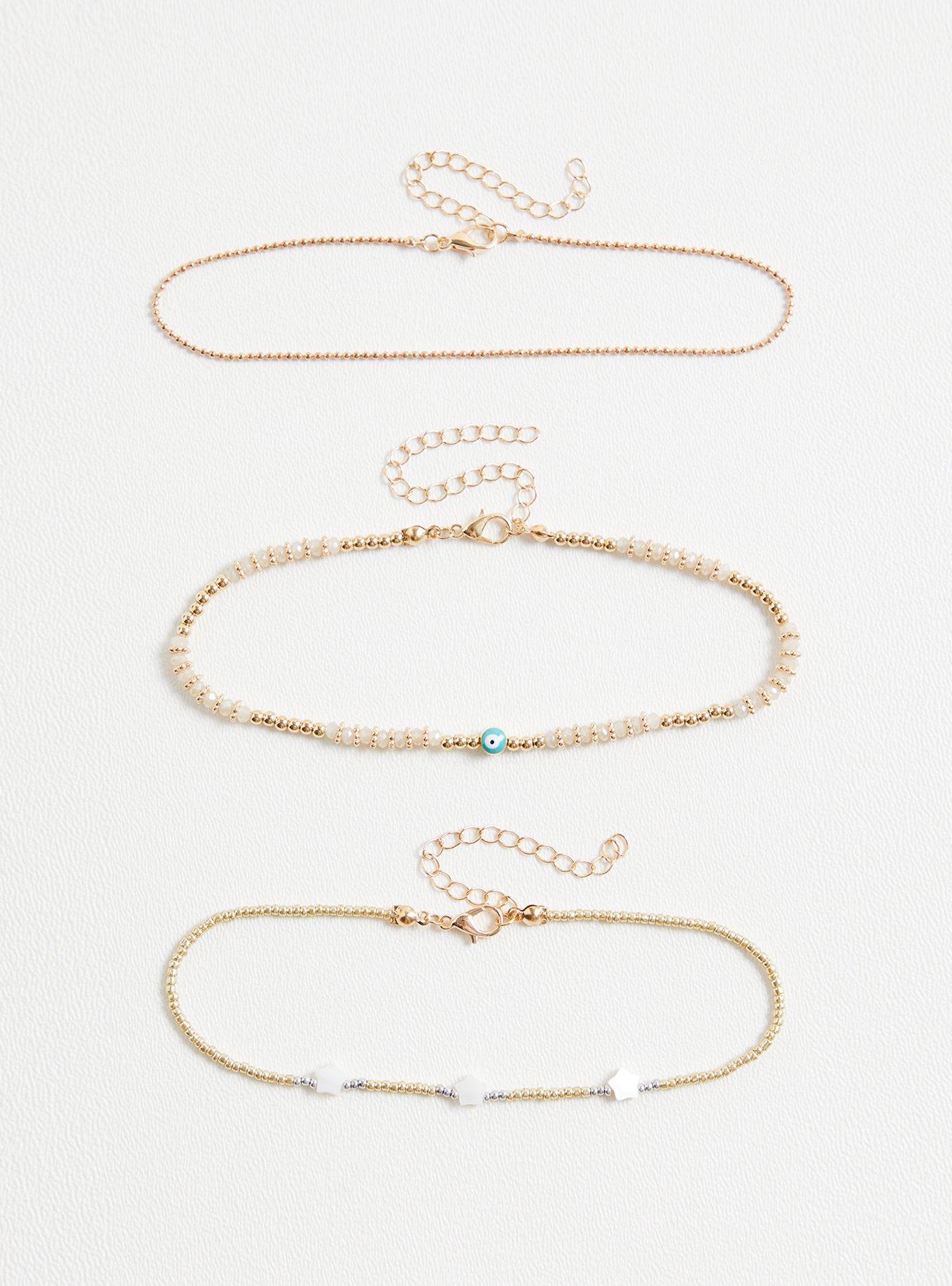 Plus Size - Gold-Tone Beaded Evil Eye Anklet Set - Set of 3 - Torrid