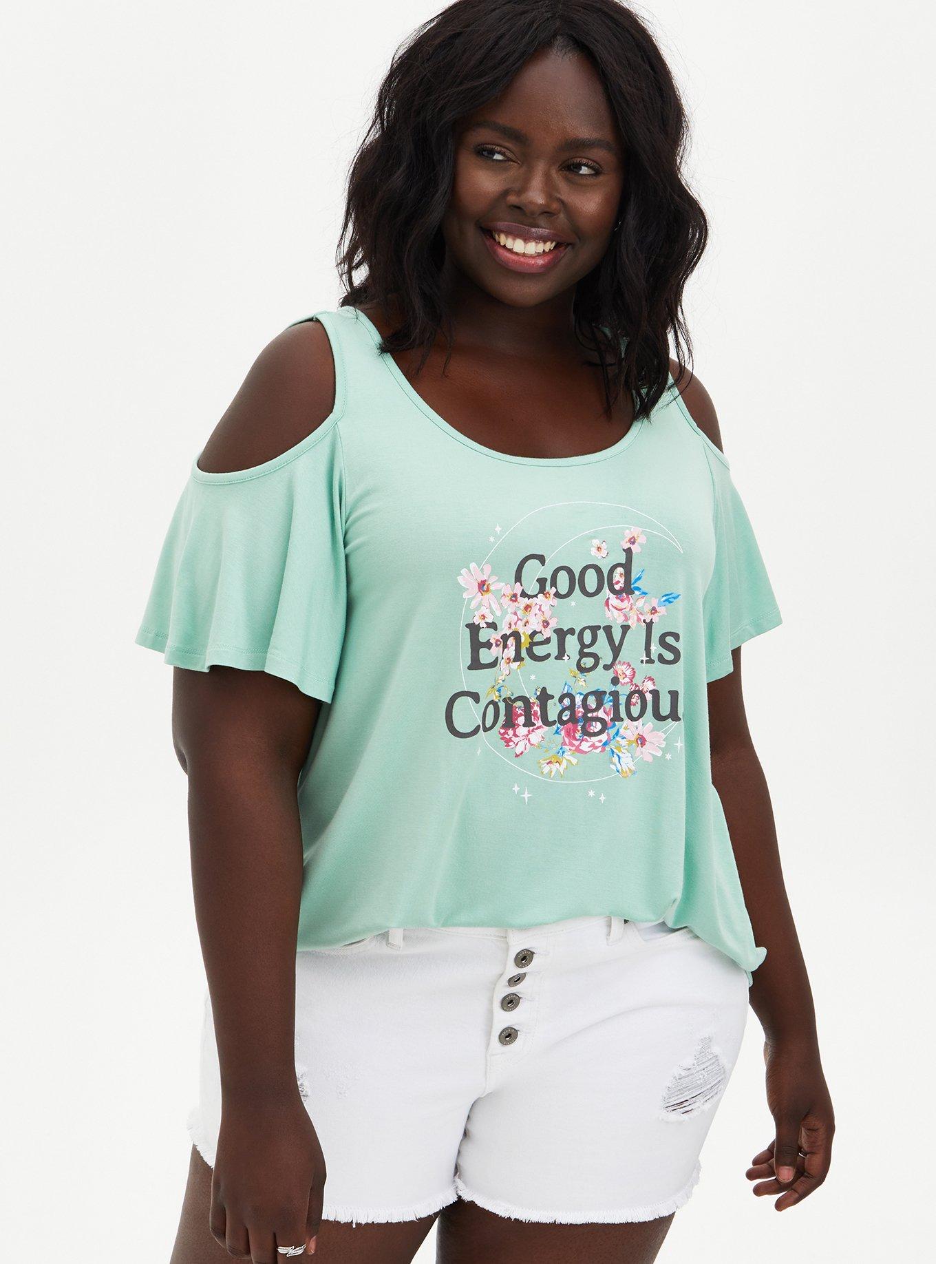 Plus Size - Super Soft Good Energy Green Wash Cold Shoulder Tee - Torrid