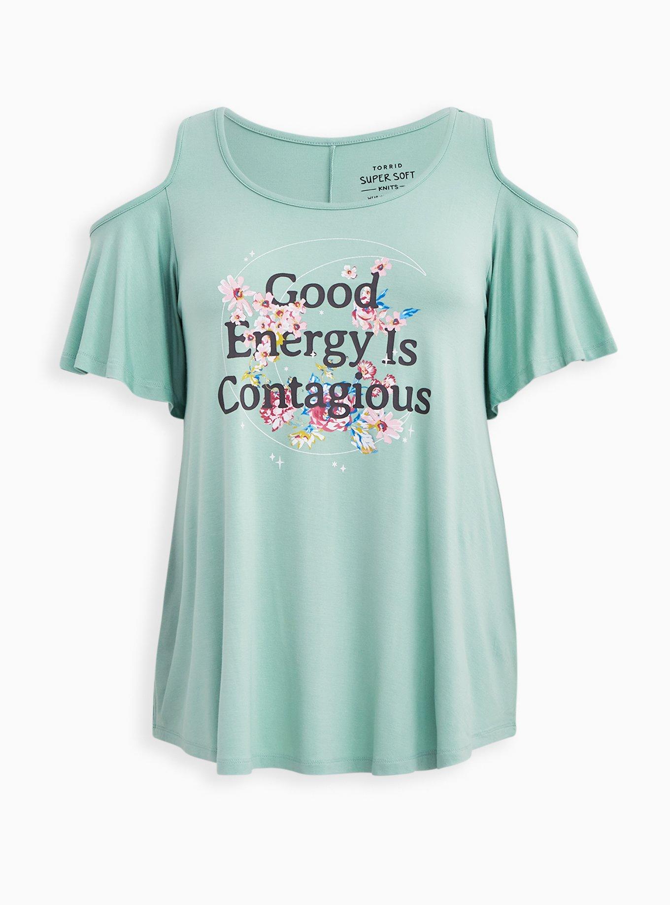Plus Size - Super Soft Good Energy Green Wash Cold Shoulder Tee - Torrid