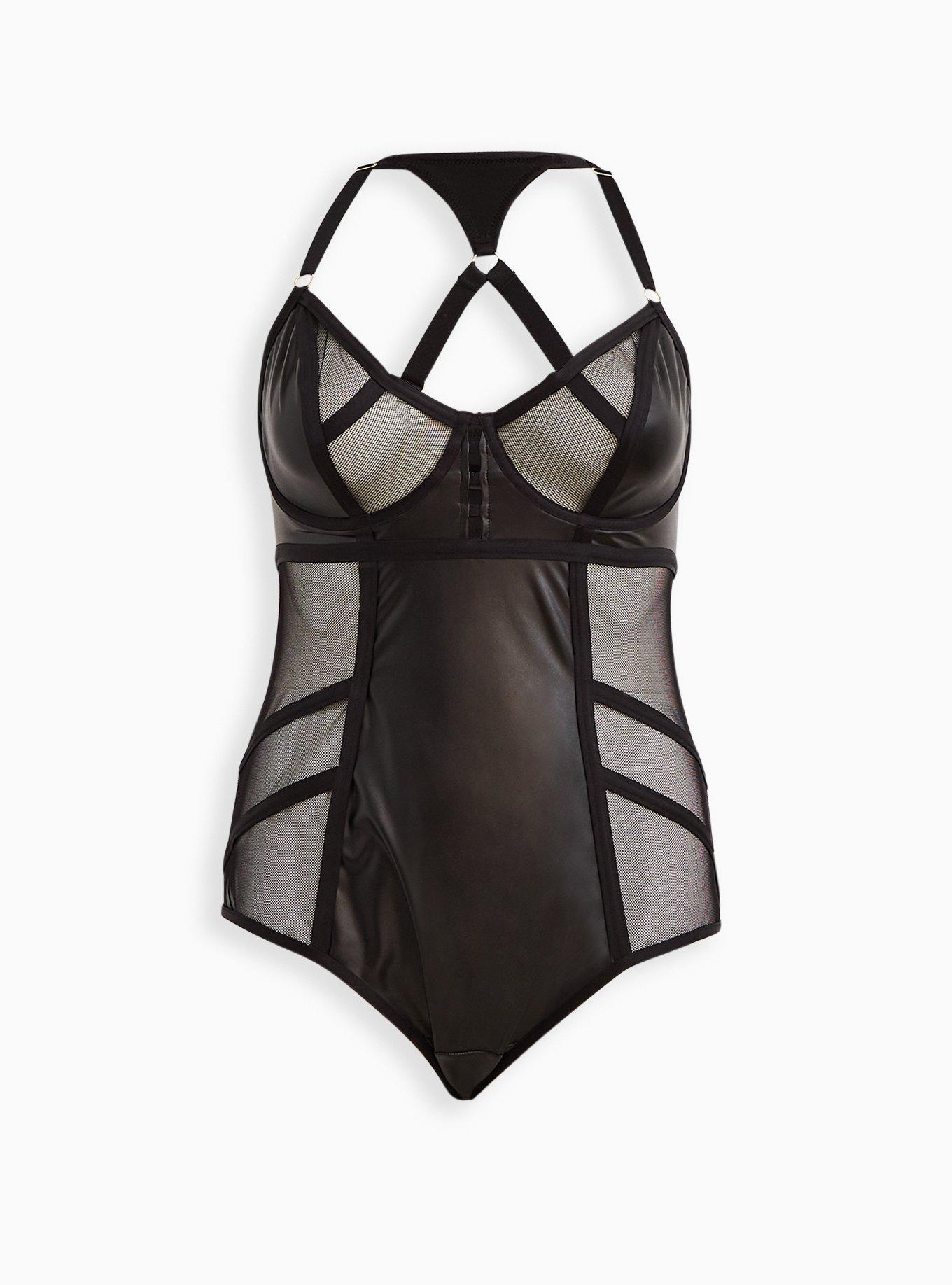 Plus Size - Underwire Racerback Bodysuit - Faux Leather & Mesh Black ...