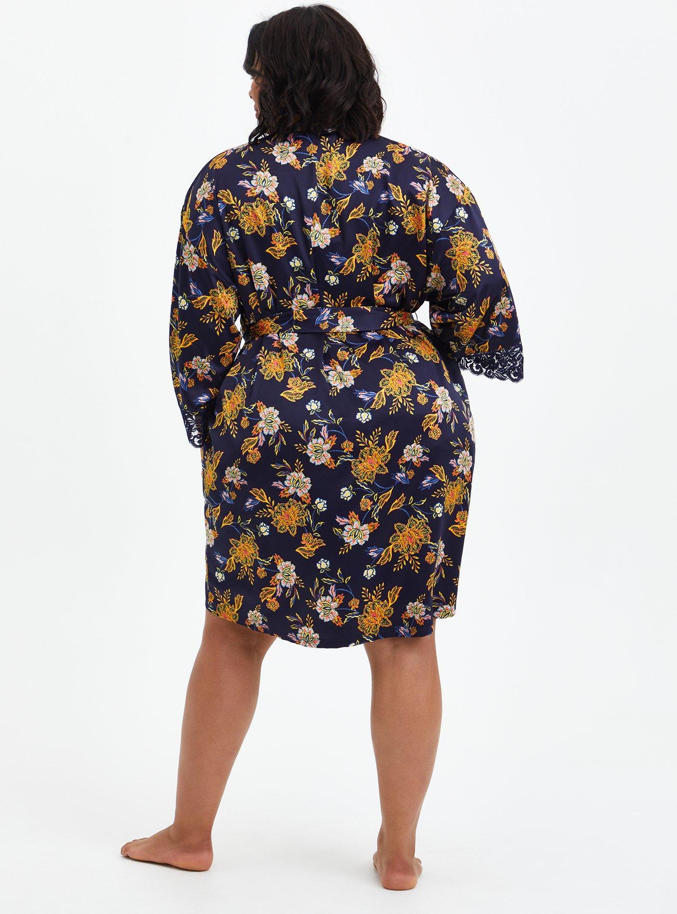 Plus Size - Blue Floral Satin & Lace Trim Self Tie Long Robe - Torrid