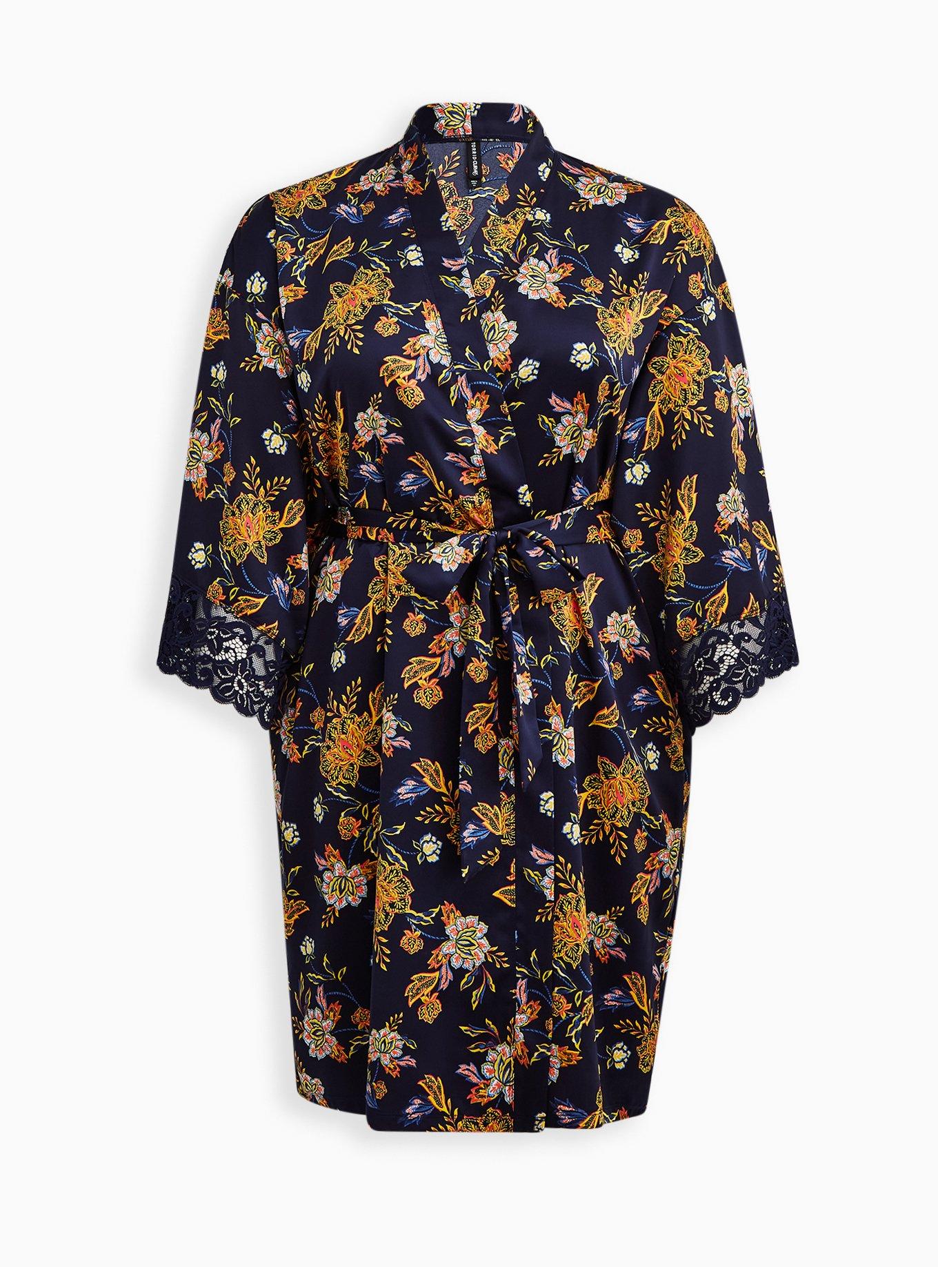 Plus Size - Blue Floral Satin & Lace Trim Self Tie Long Robe - Torrid