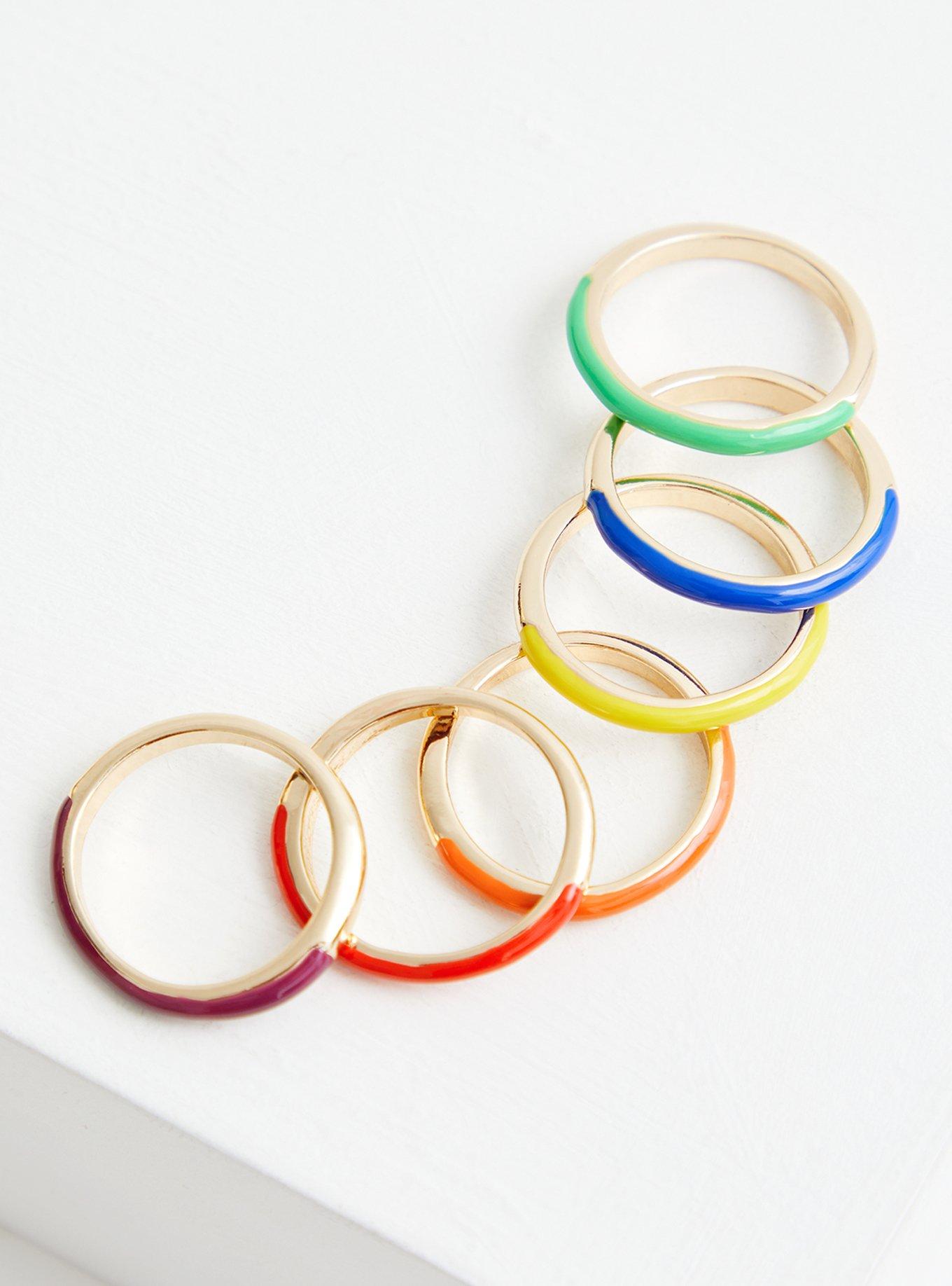 Plus Size - Celebrate Love Rainbow Enamel Ring Set Of 6 - Gold Tone - Torrid