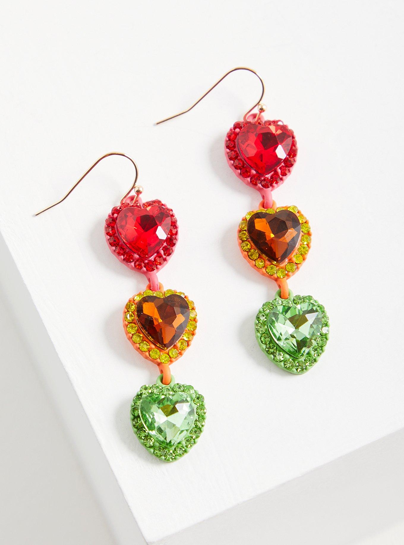 Plus Size - Celebrate Love Rainbow Rhinestone Heart Linear Earrings ...