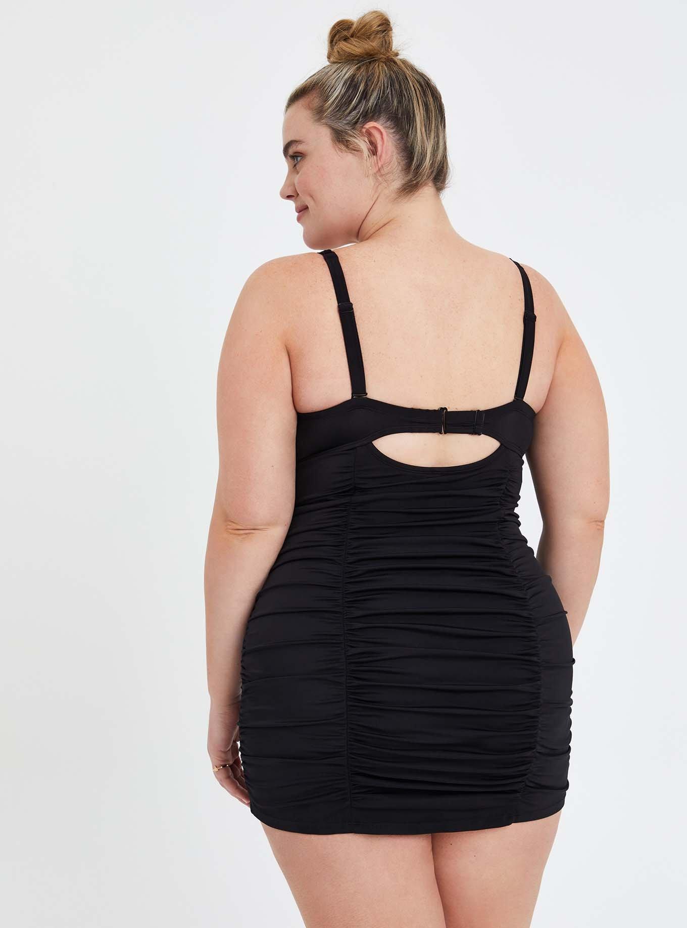 Plus Size - Ruched Retro Mid-Length Swim Dress - Black - Torrid
