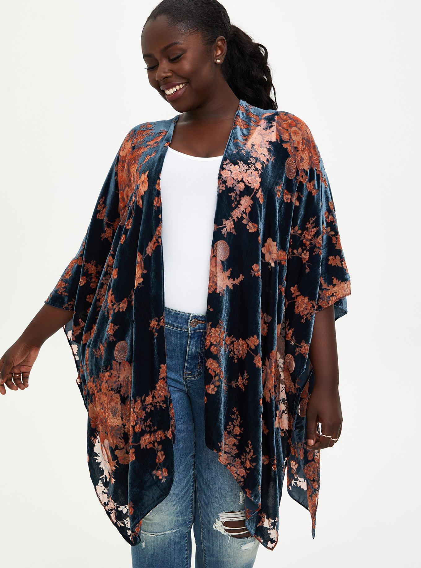 Plus Size - Blue Multi Floral Burnout Ruana - Torrid