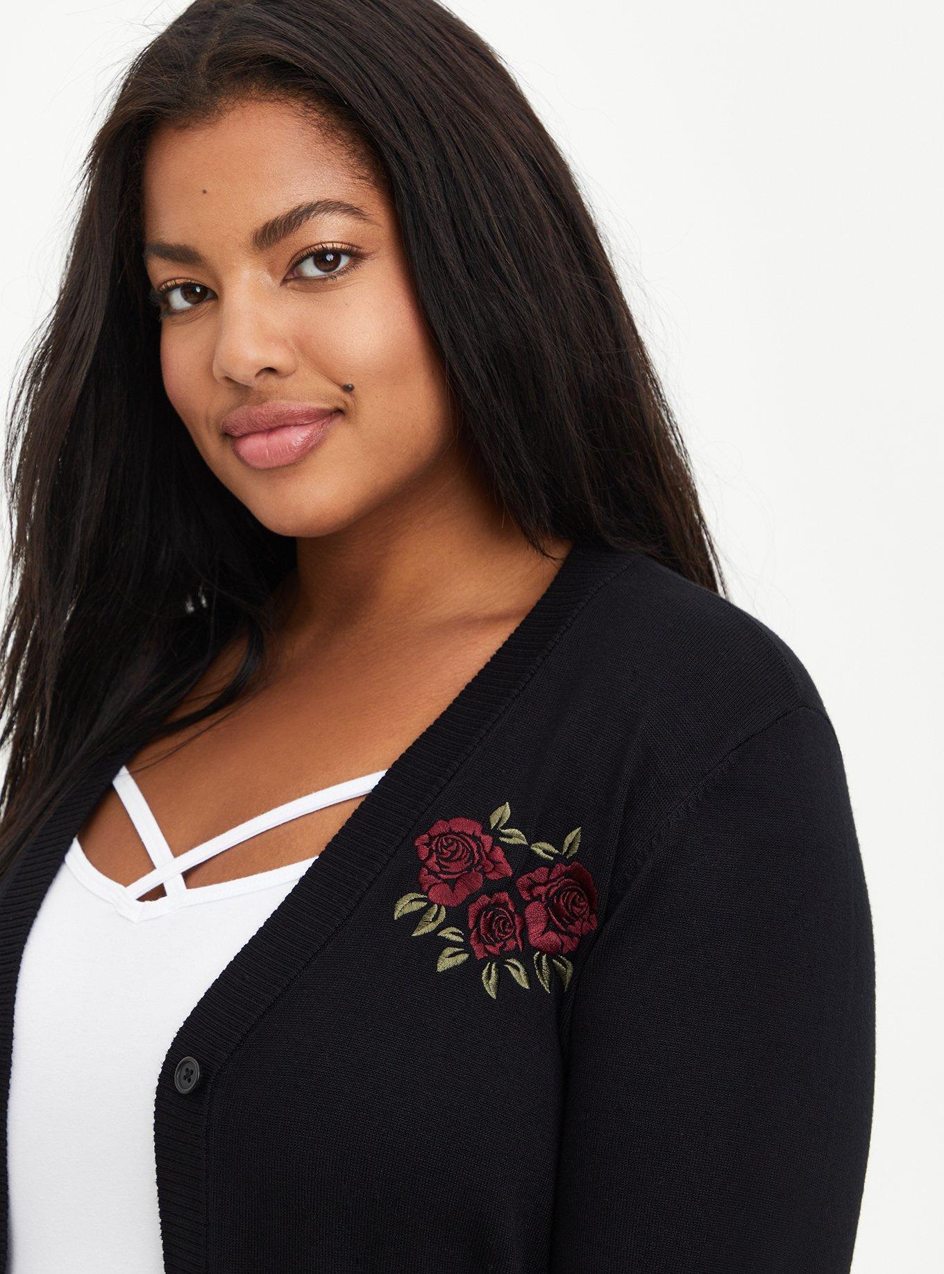 Plus Size - Boyfriend Cardigan Sweater - Skull Rose Black - Torrid