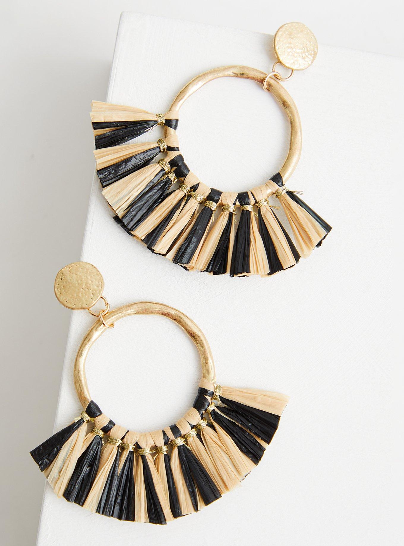 Plus Size - Black Raffia Fringe Hoop - Torrid