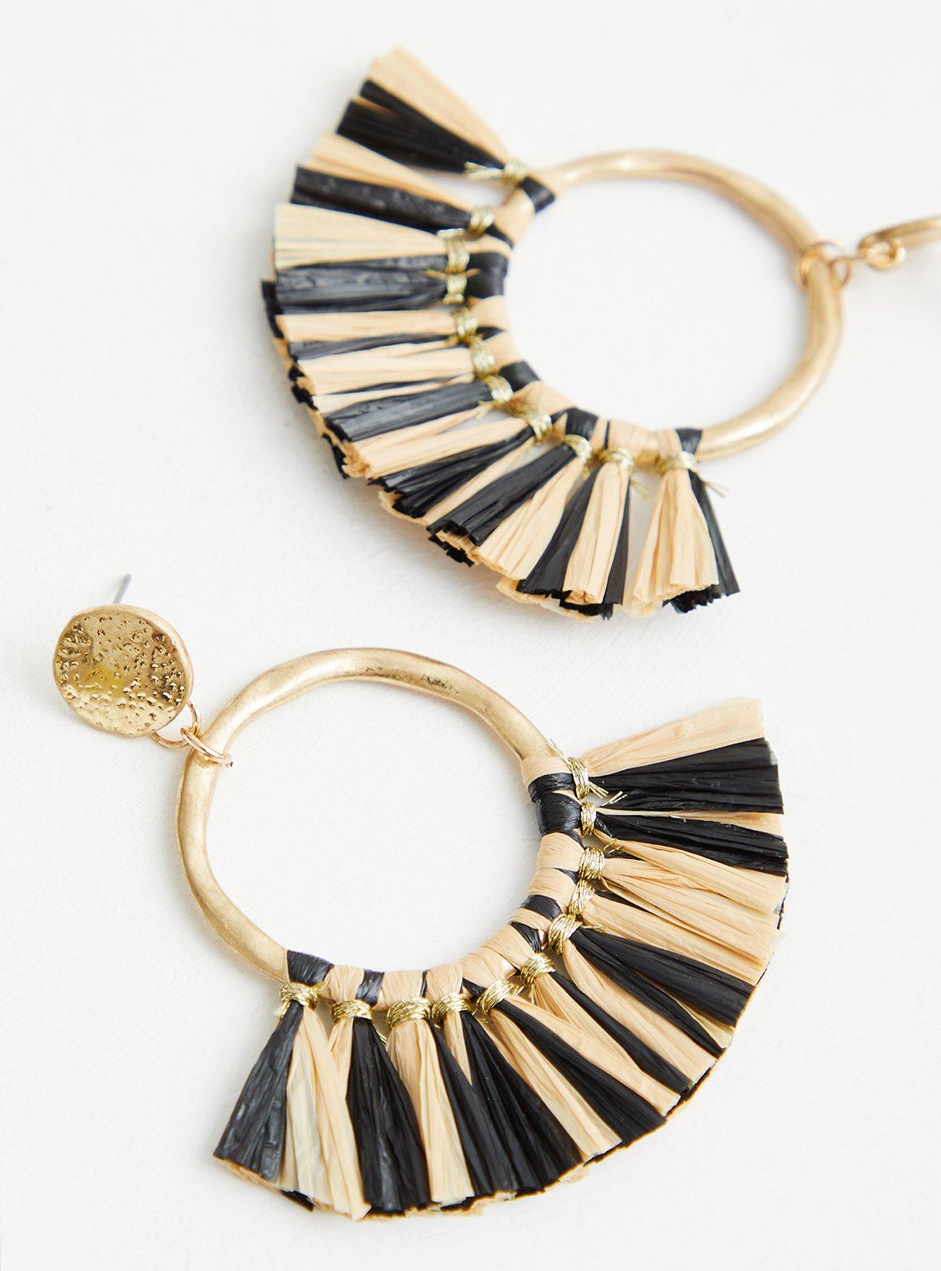 Plus Size - Black Raffia Fringe Hoop - Torrid