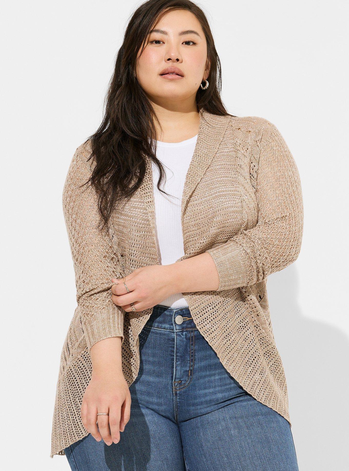 Plus Size - Pointelle Cardigan Curved Hem Sweater - Torrid