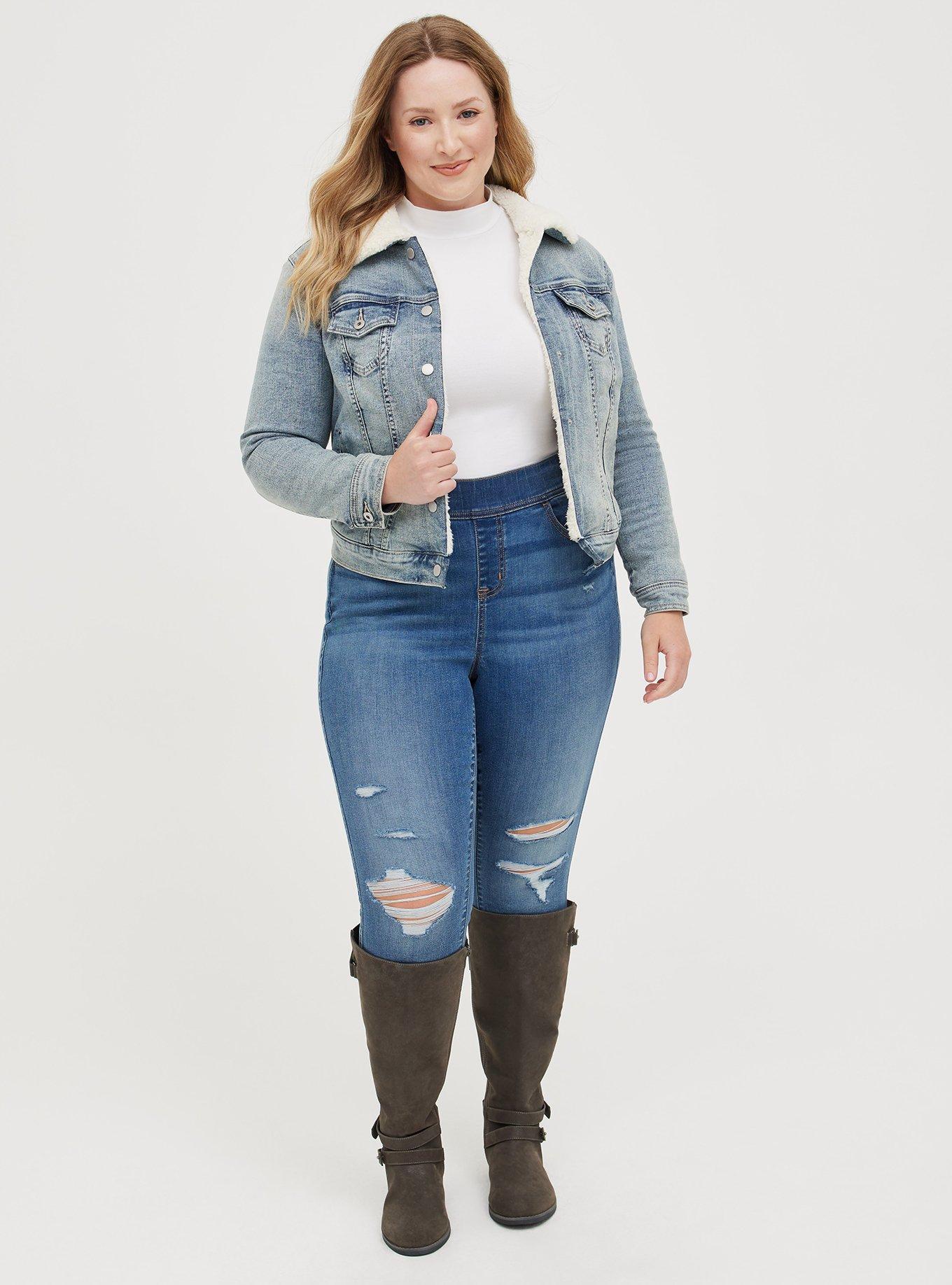 Plus Size - Denim Jacket with Sherpa Collar - Plaid Lined - Torrid