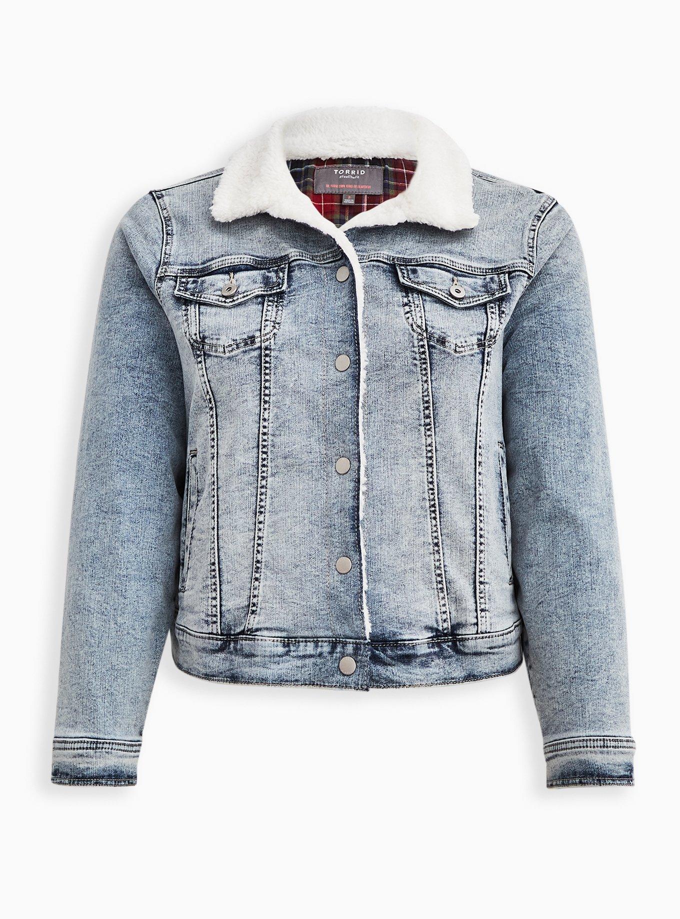 Plus Size - Denim Jacket with Sherpa Collar - Plaid Lined - Torrid