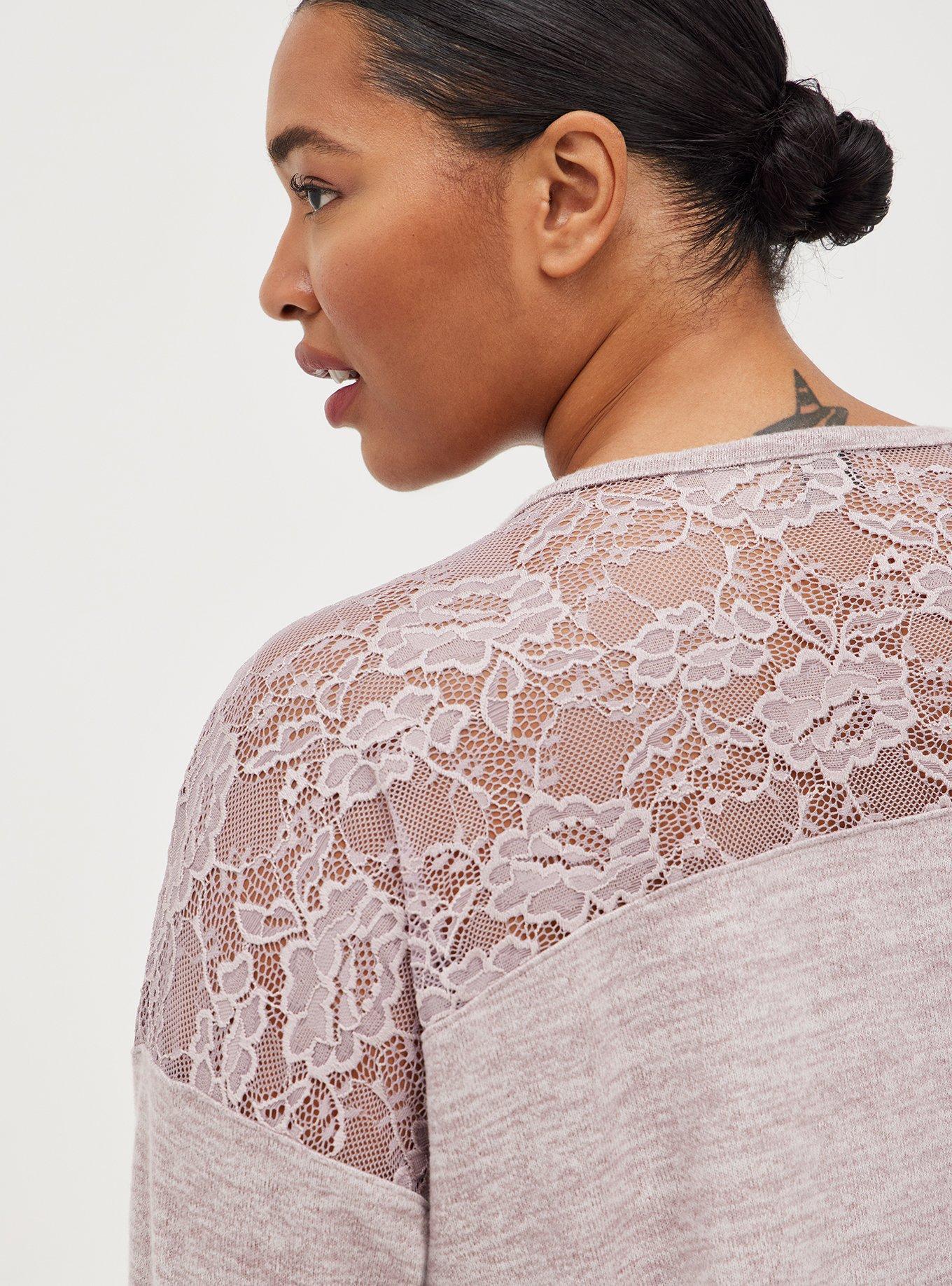 Plus Size - Relaxed Fit Super Soft Plush V-Neck Lace Yoke Dolman Top ...