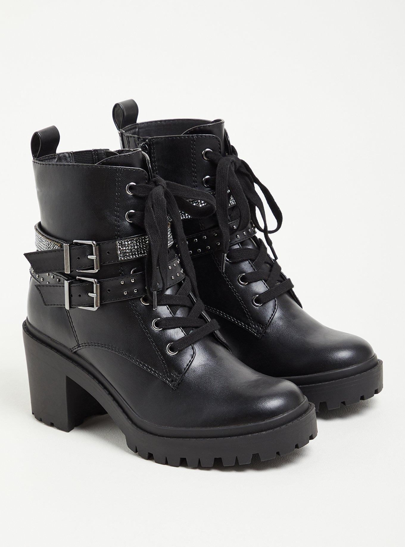 Plus Size - Chunky Lug Heel Bootie - Faux Leather Embellished Black (WW ...