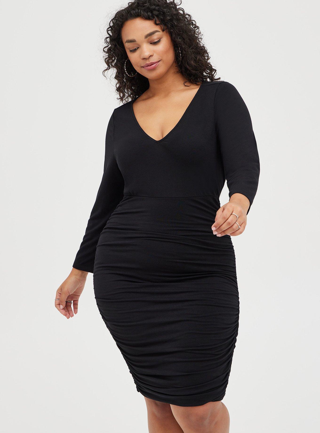 Plus Size - Bodycon Midi Dress - Shirred Jersey Black - Torrid